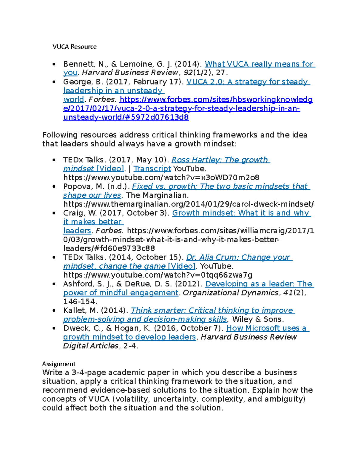 VUCA Ressource - Reference and assignment - VUCA Resource Bennett, N ...
