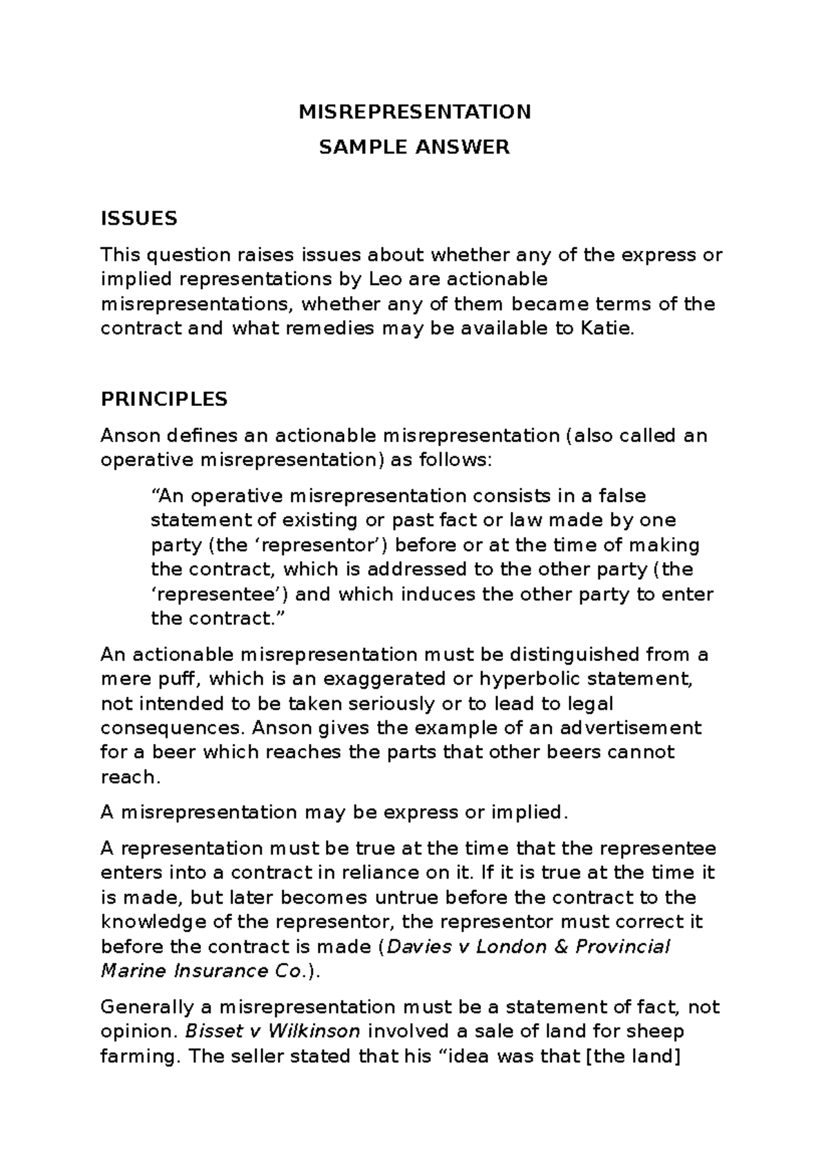 Misrep sample ans amd - MISREPRESENTATION SAMPLE ANSWER ISSUES This ...