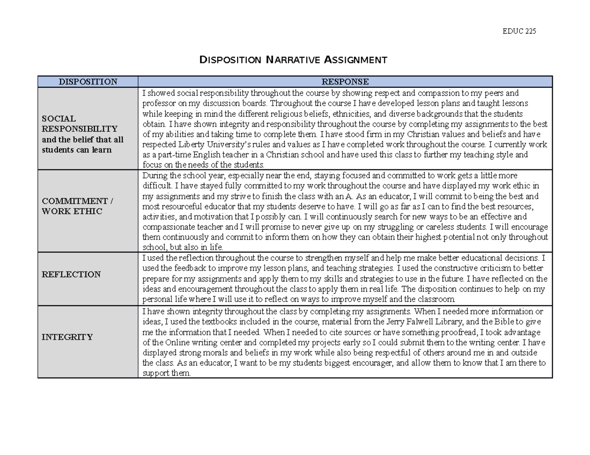 Disposition Narrative Assignment - EDUC 225 DISPOSITION NARRATIVE ...