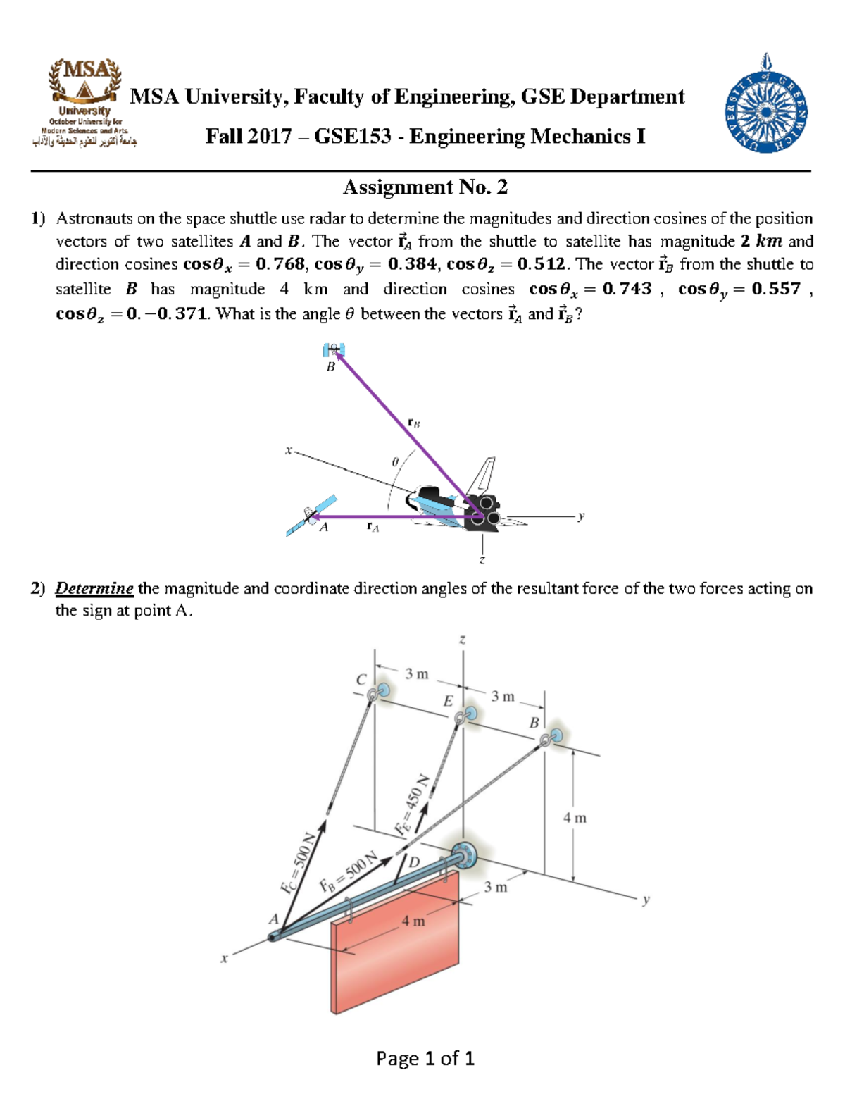 Mechancis - Assignment 2 - Fall 2017 - MSA University, Faculty of ...