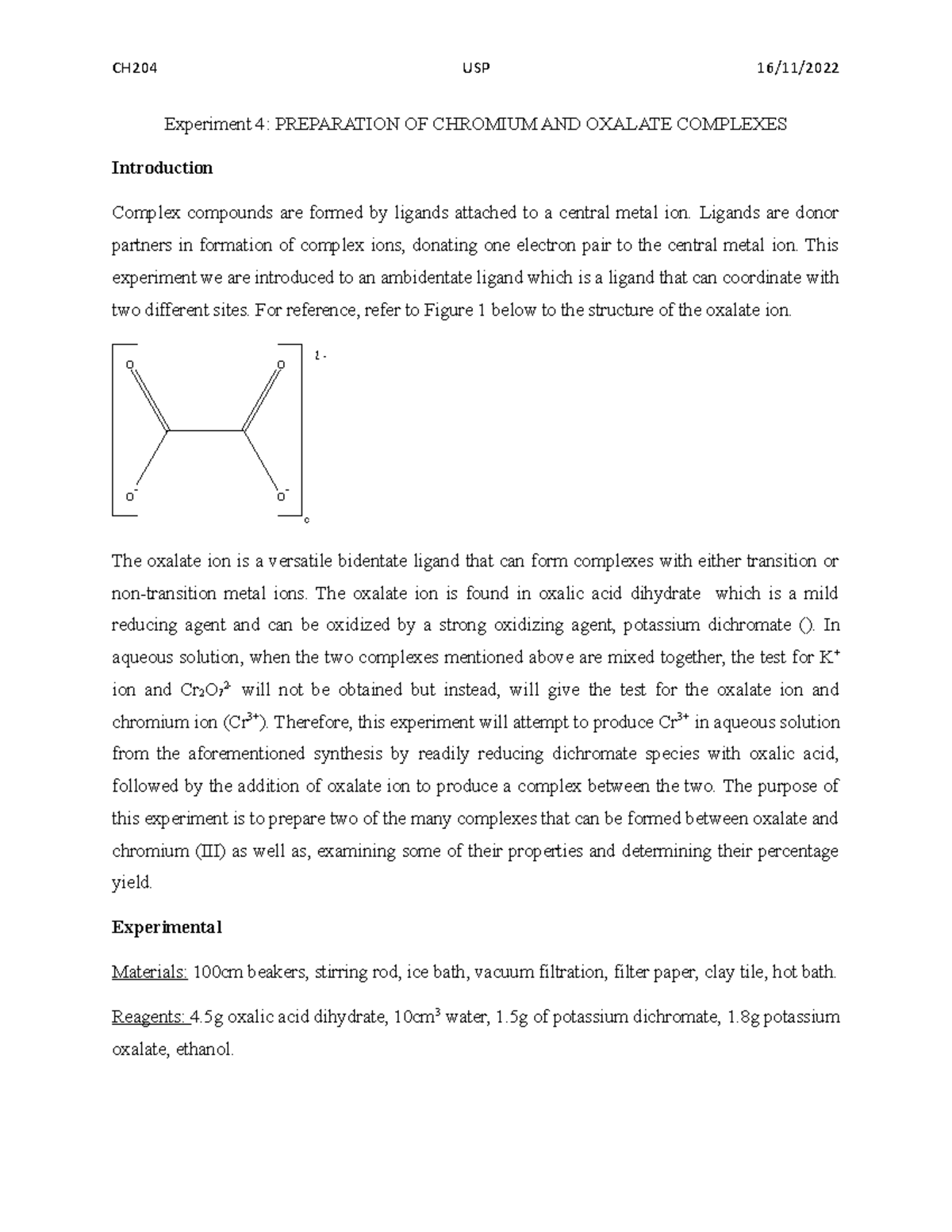 Experiment 4 Preparation Of Chromium Iii And Oxalate Complexes