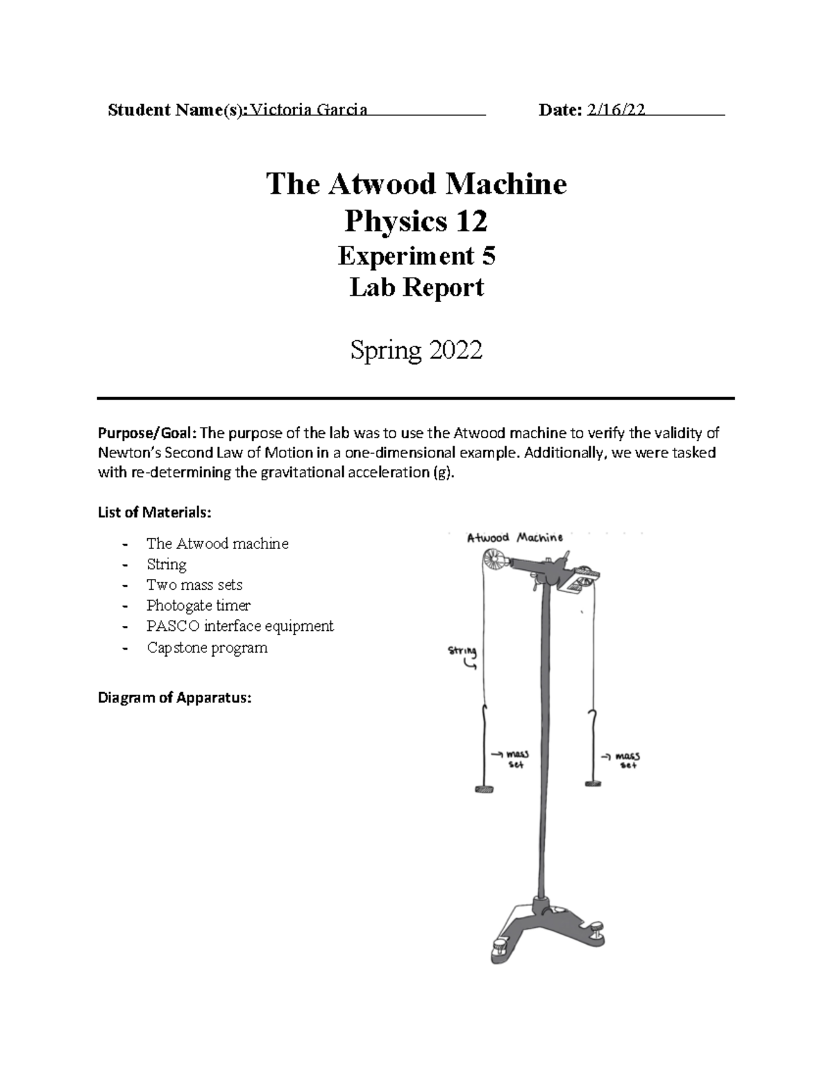Introduction to Physics Lab - PHY012 - Experiment 5: The Atwood Machine ...