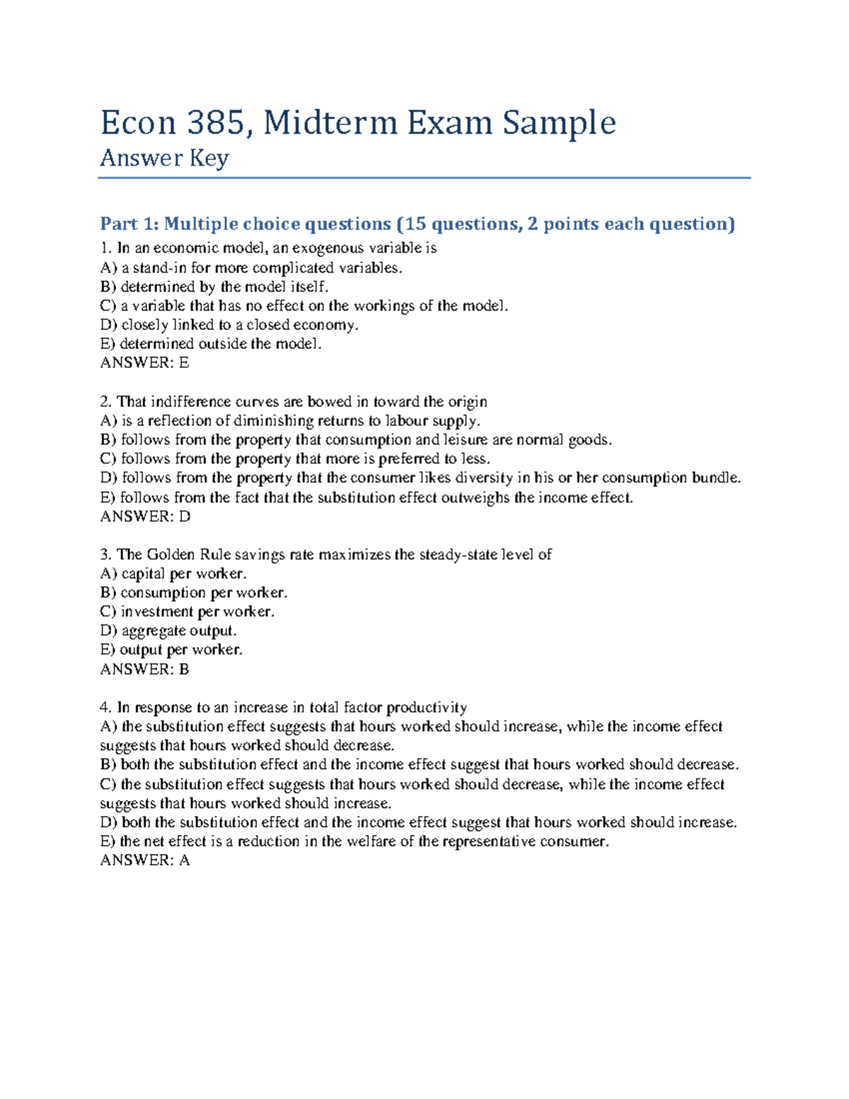 Midterm Exam Sample - Econ 385, Midterm Exam Sample Answer Key Part 1 ...
