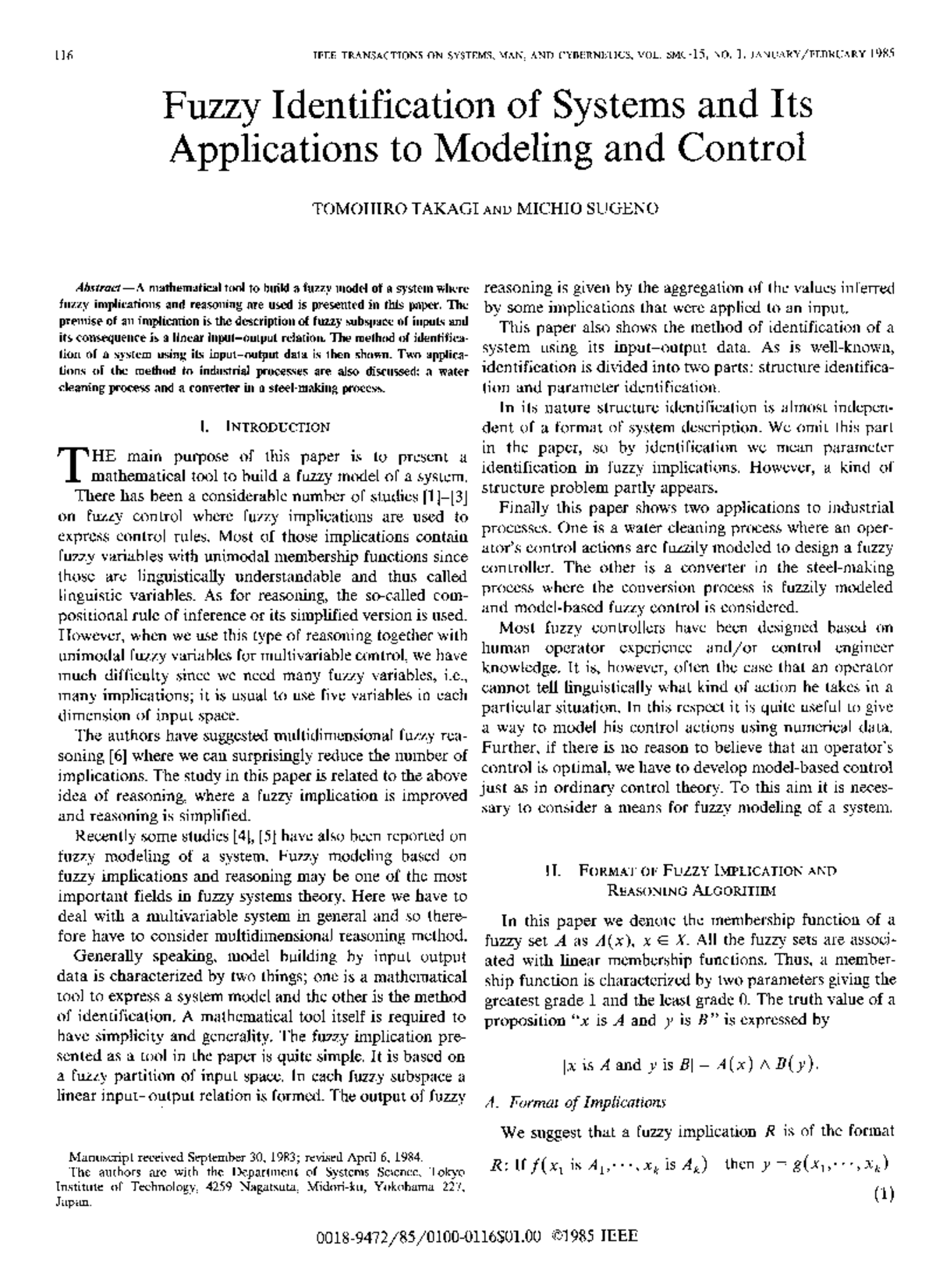 Takagi Sugeno Fuzzy Id Systems 1985 Iee Tra Sys Man Cyb15 116 116 Ieee Transactions On