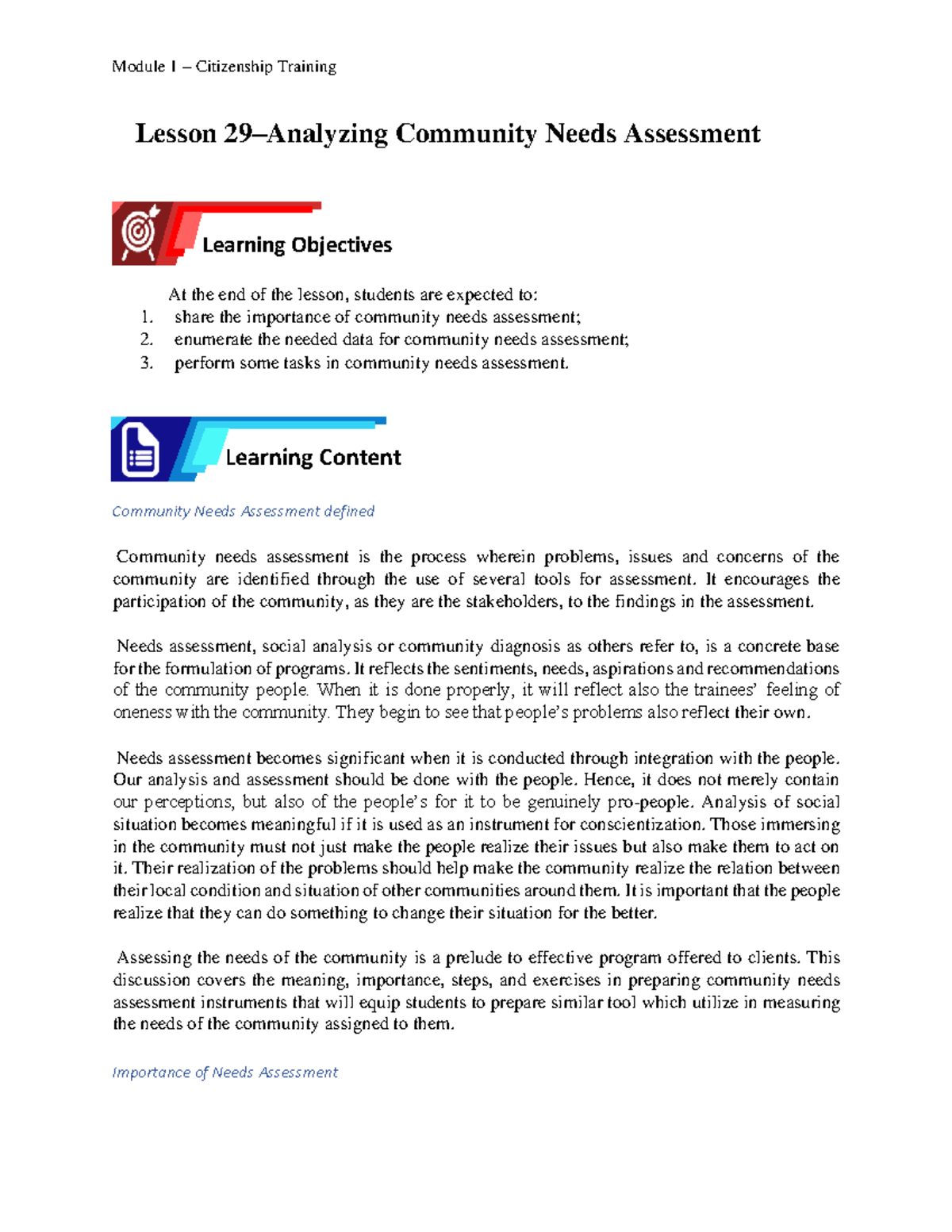 Lesson 29 - Lesson 29–Analyzing Community Needs Assessment Learning ...