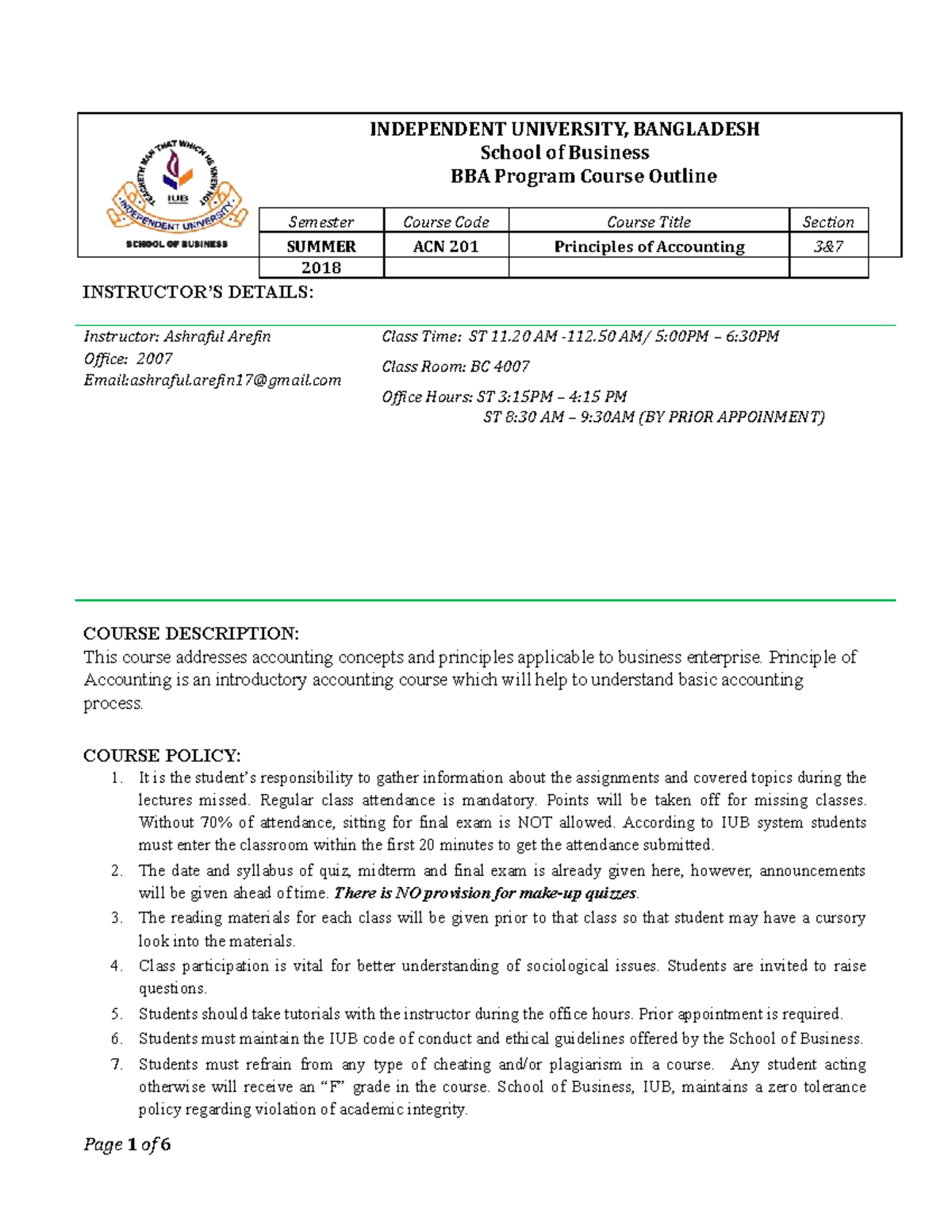 Updated ACN 201 Course Outlines, Spring 2020 - INDEPENDENT UNIVERSITY, BANGLADESH School of ...