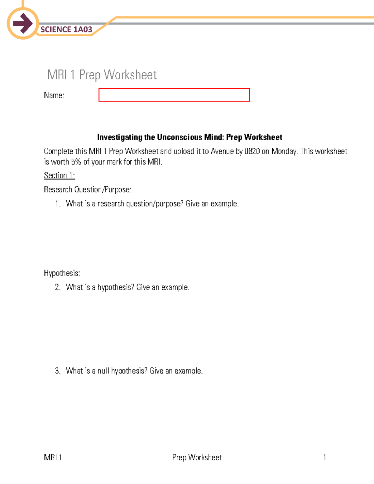 MRI 1 MRI Prep Worksheet - Unconscious Mind - MRI 1 Prep Worksheet 1 ...