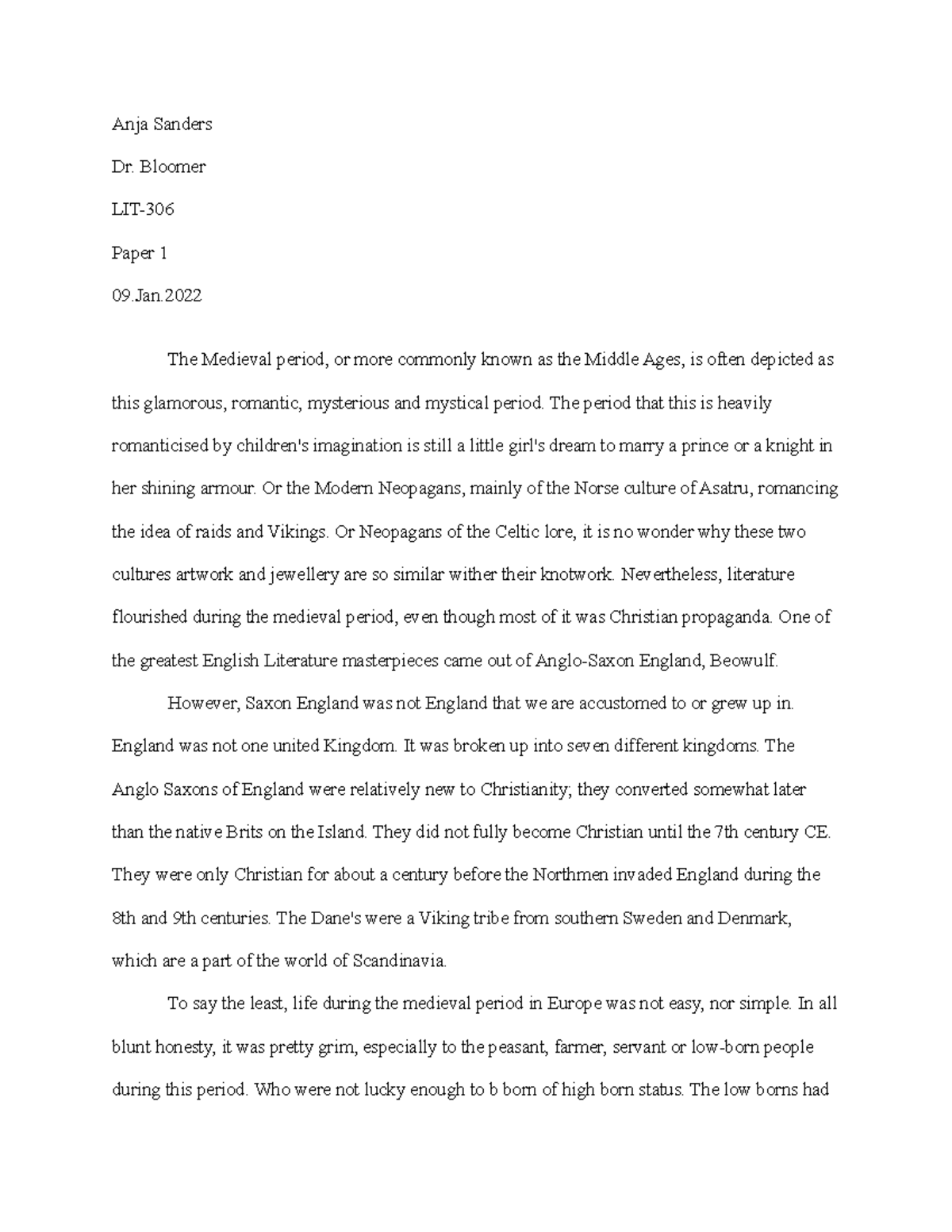 LIT306 Essay 1 - Anja Sanders Dr. Bloomer LIT- Paper 1 09. The Medieval ...