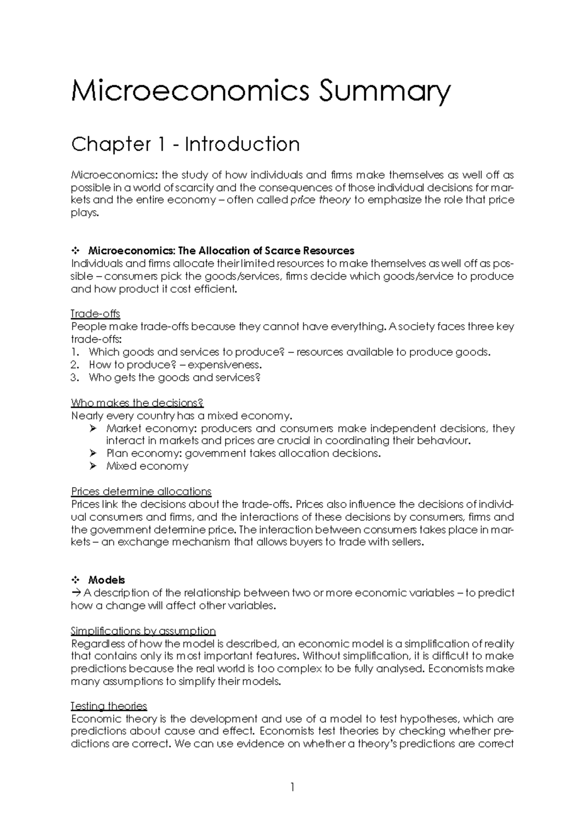 Microeconomics summary - Microeconomics: The Allocation of Scarce ...