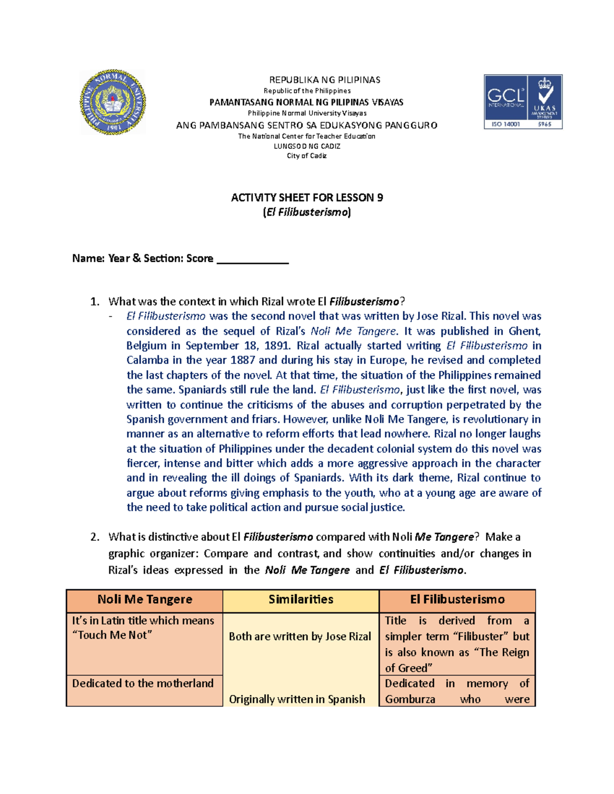 Rizal activity sheet 9 - REPUBLIKA NG PILIPINAS Republic of the ...