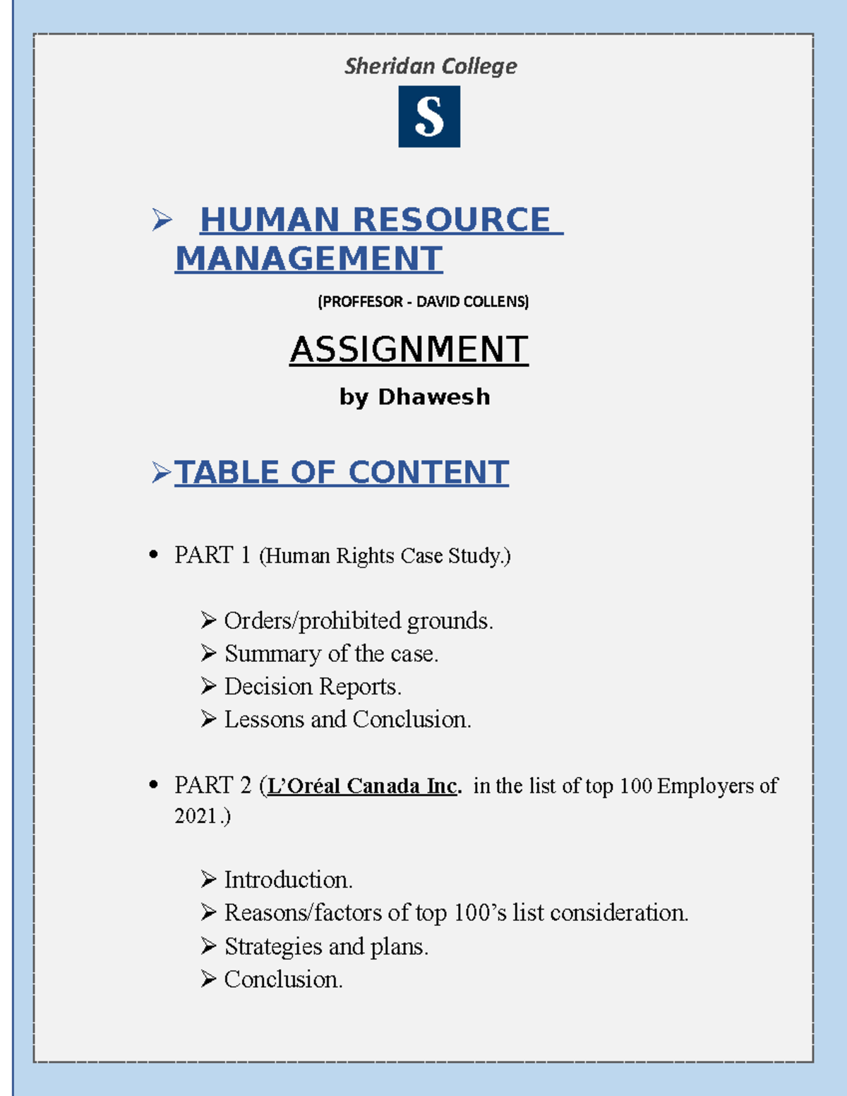 Assignment 1 major assignment - Sheridan College HUMAN RESOURCE ...