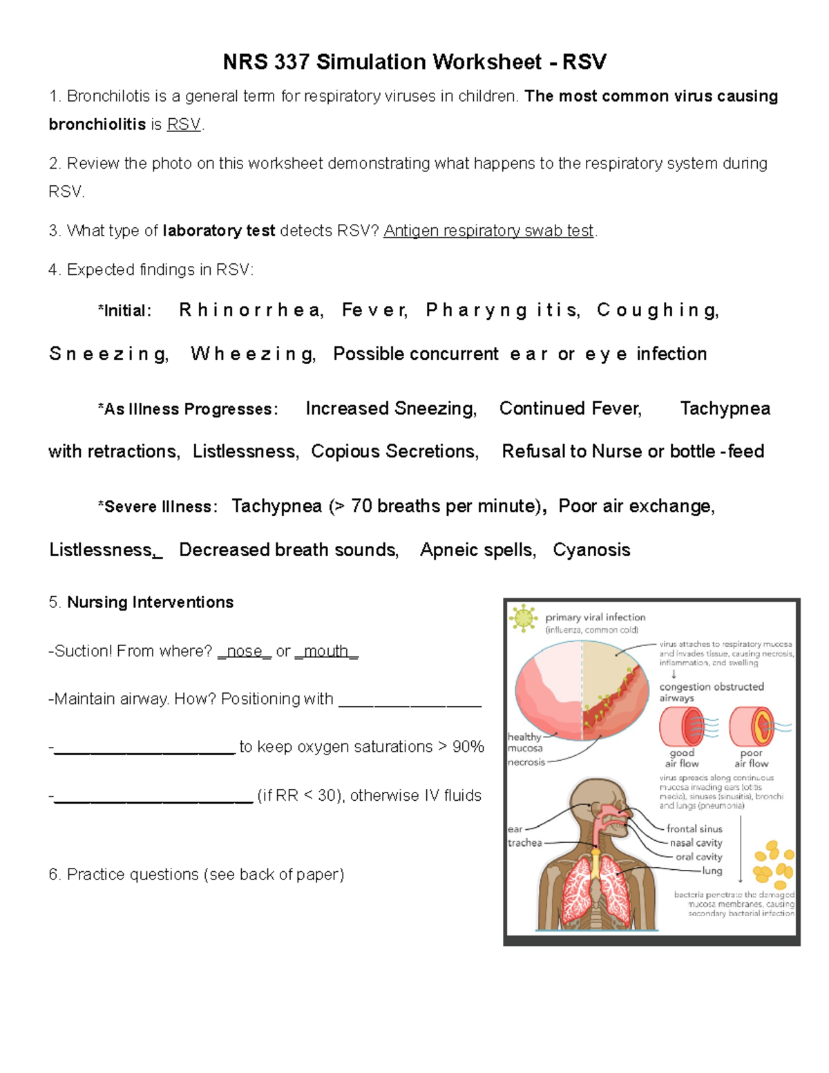 NS337 RSV Sim Clinical Packet - NRS 337 Simulation Worksheet - RSV 1. Bronchilotis is a general ...