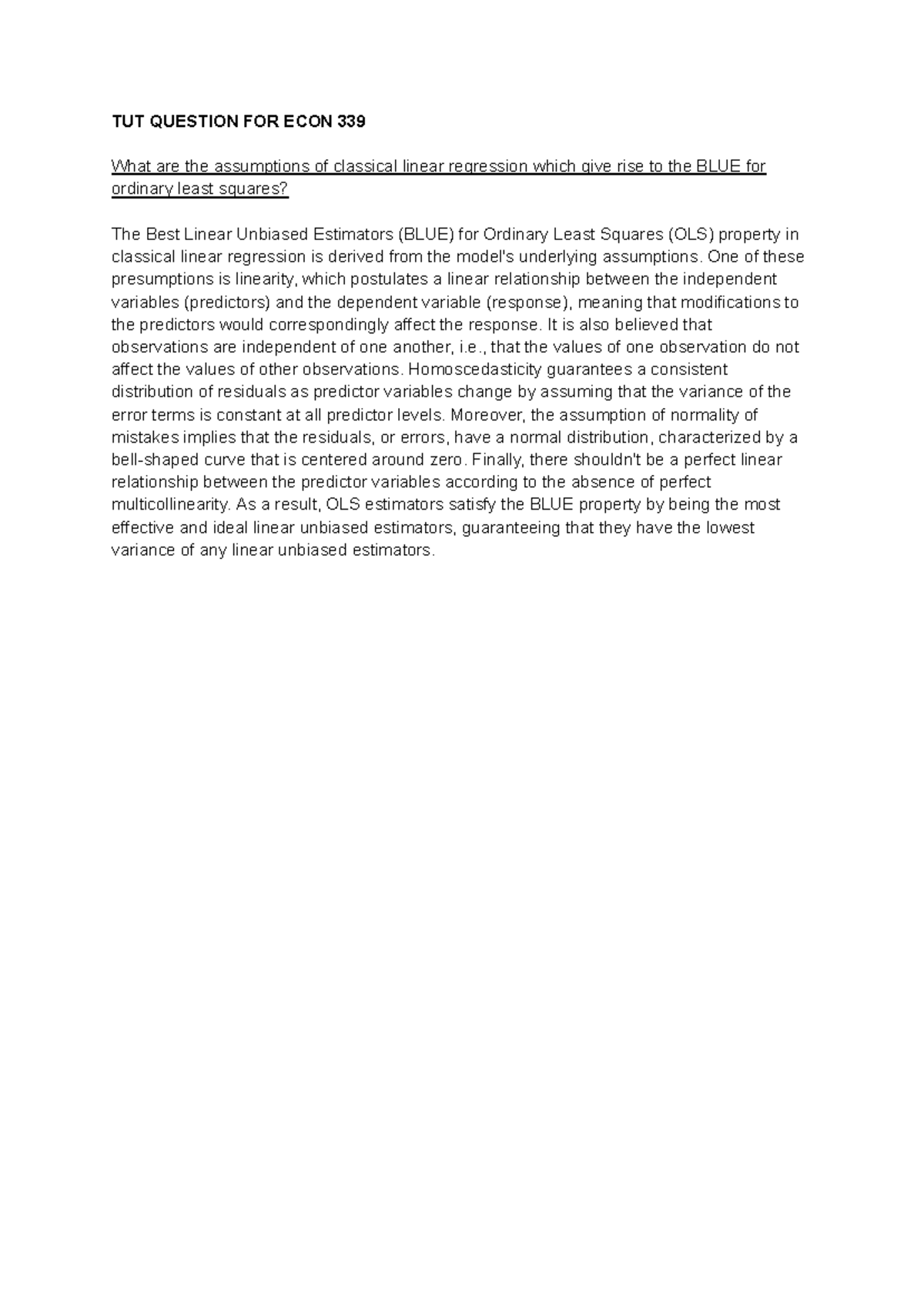 TUT Question FOR ECON 339 - TUT QUESTION FOR ECON 339 What are the ...