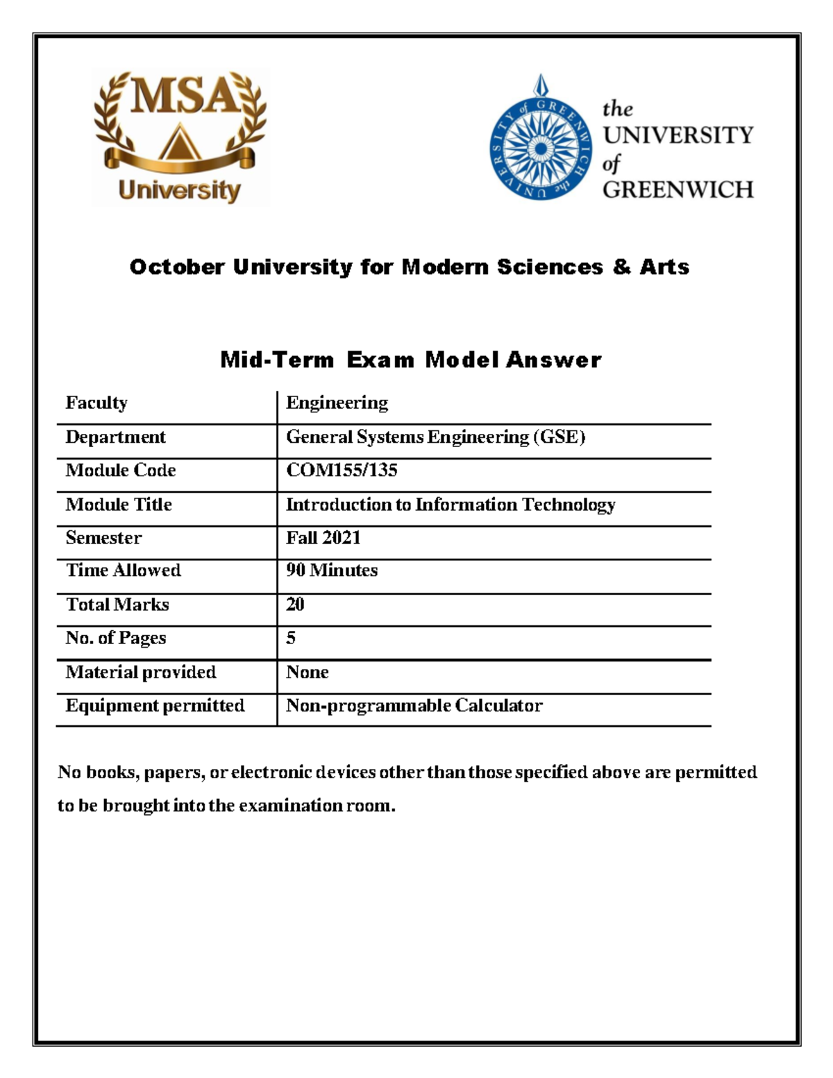 IT - Mid Term Exam - Fall 2021 - October University for Modern Sciences ...
