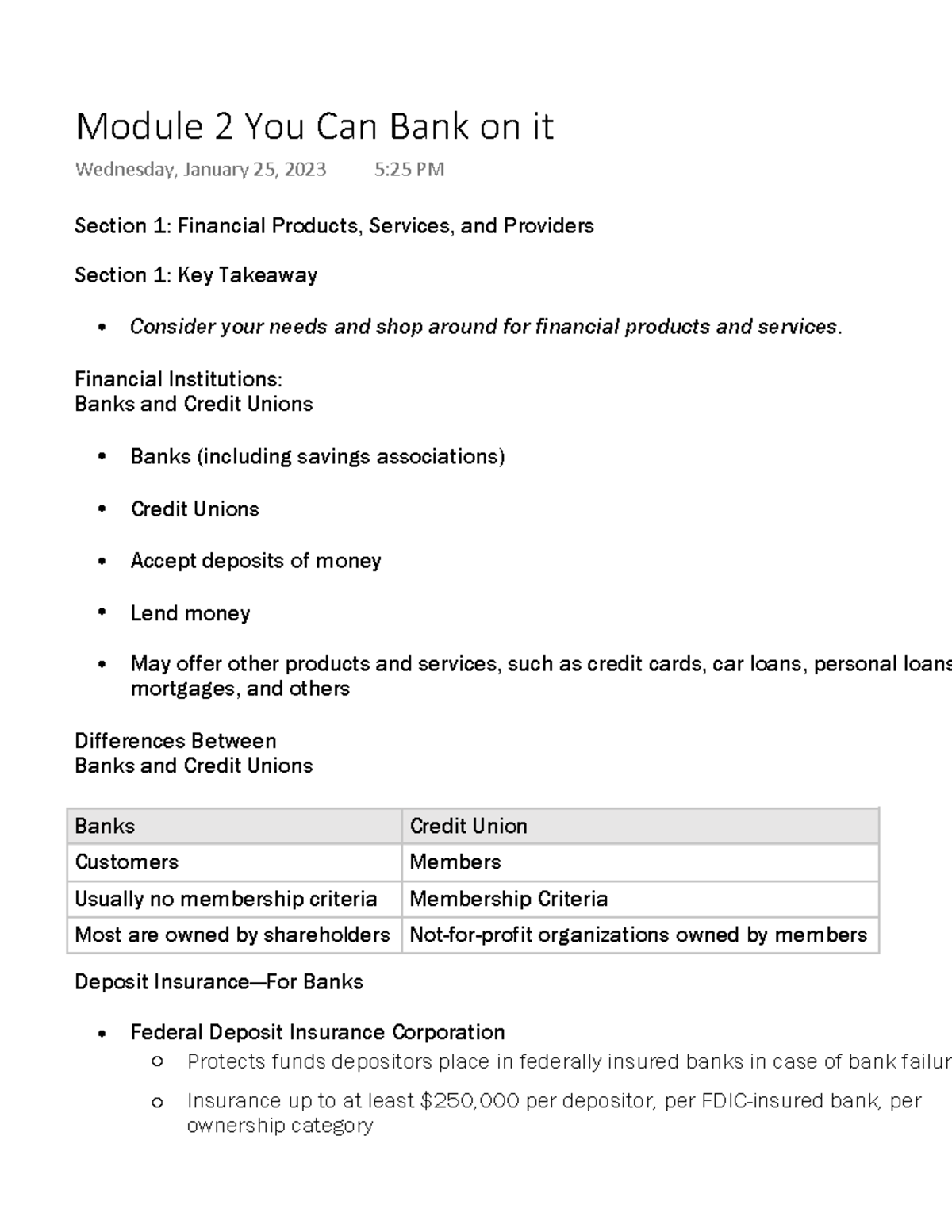 Module 2 You Can Bank on it - Section 1: Financial Products, Services ...