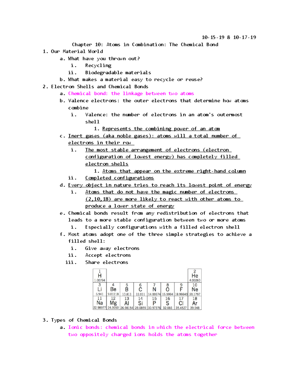 Chapter 10 - Atoms in Combination: The Chemical Bond - 10-15-19 & 10-17 ...