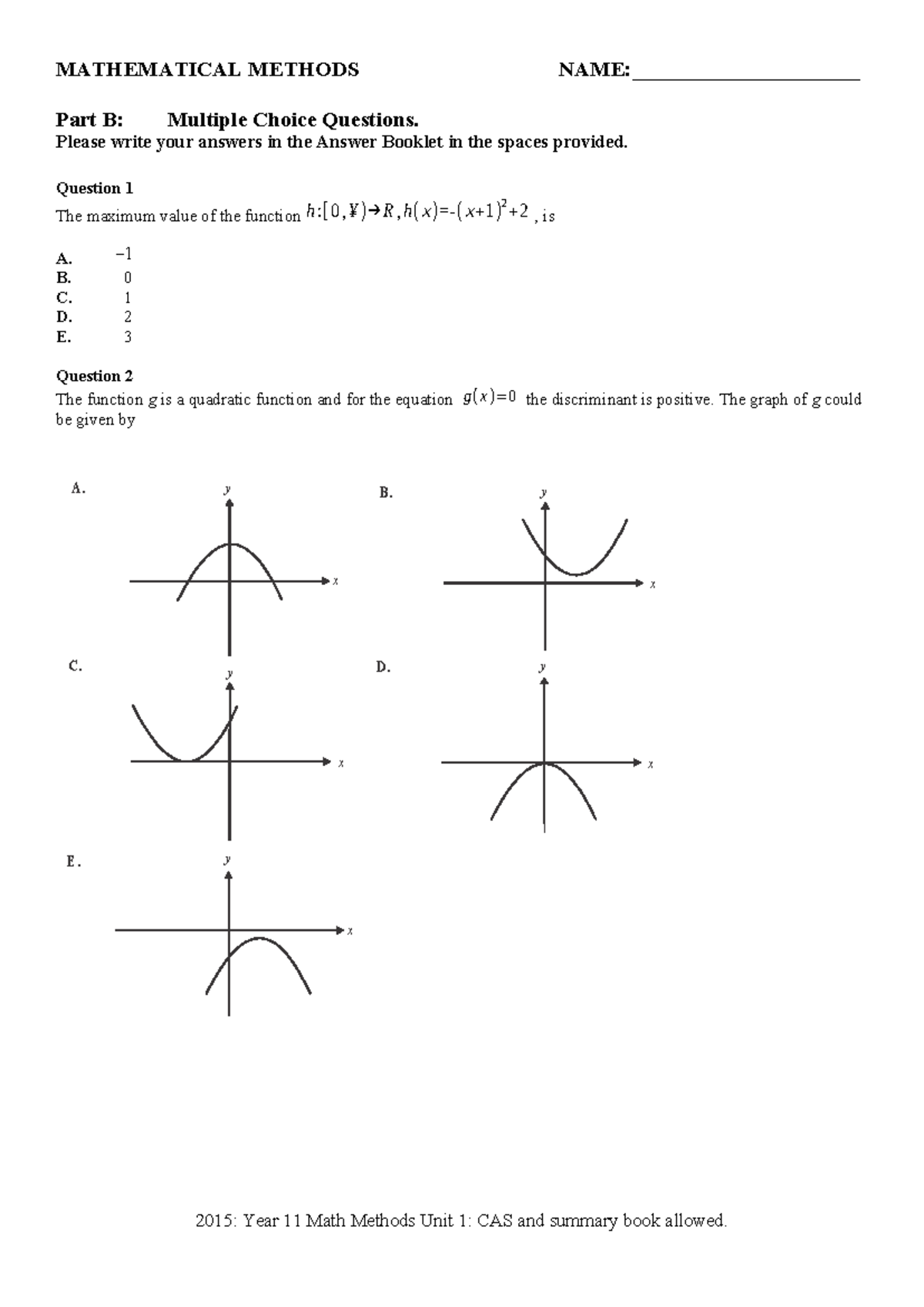2015 TGC Sem 1 Math Methods Exam 2 - MATHEMATICAL METHODS NAME ...