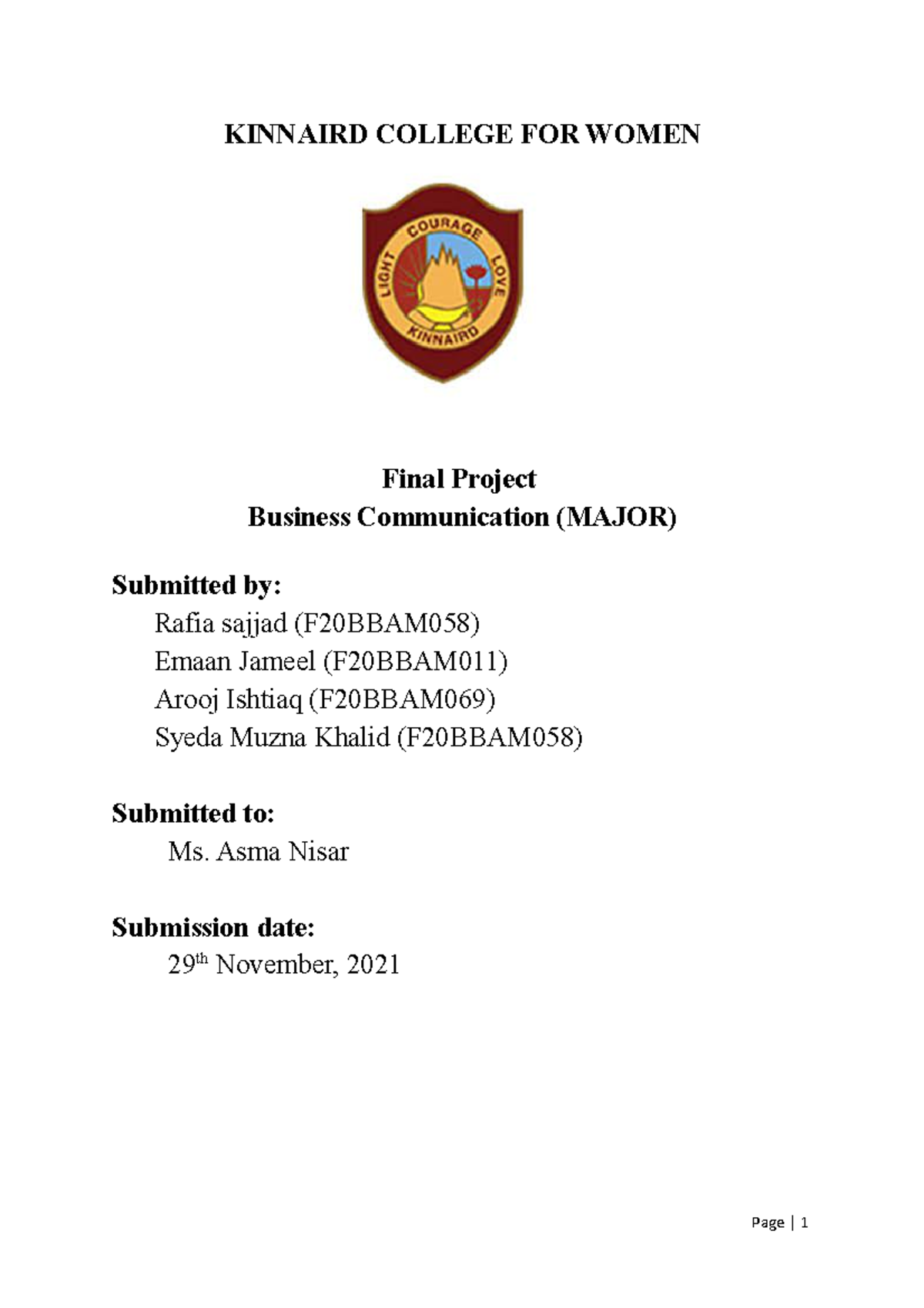 Business comm final project - KINNAIRD COLLEGE FOR WOMEN Final Project ...
