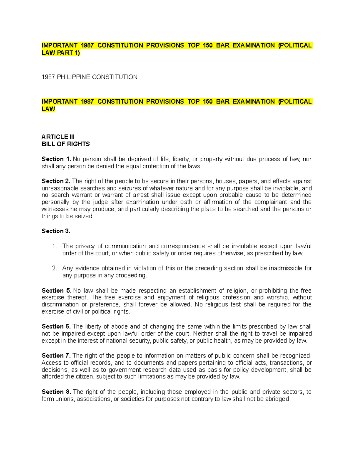 Poli Codal Top 150 Part 1 - IMPORTANT 1987 CONSTITUTION PROVISIONS TOP ...