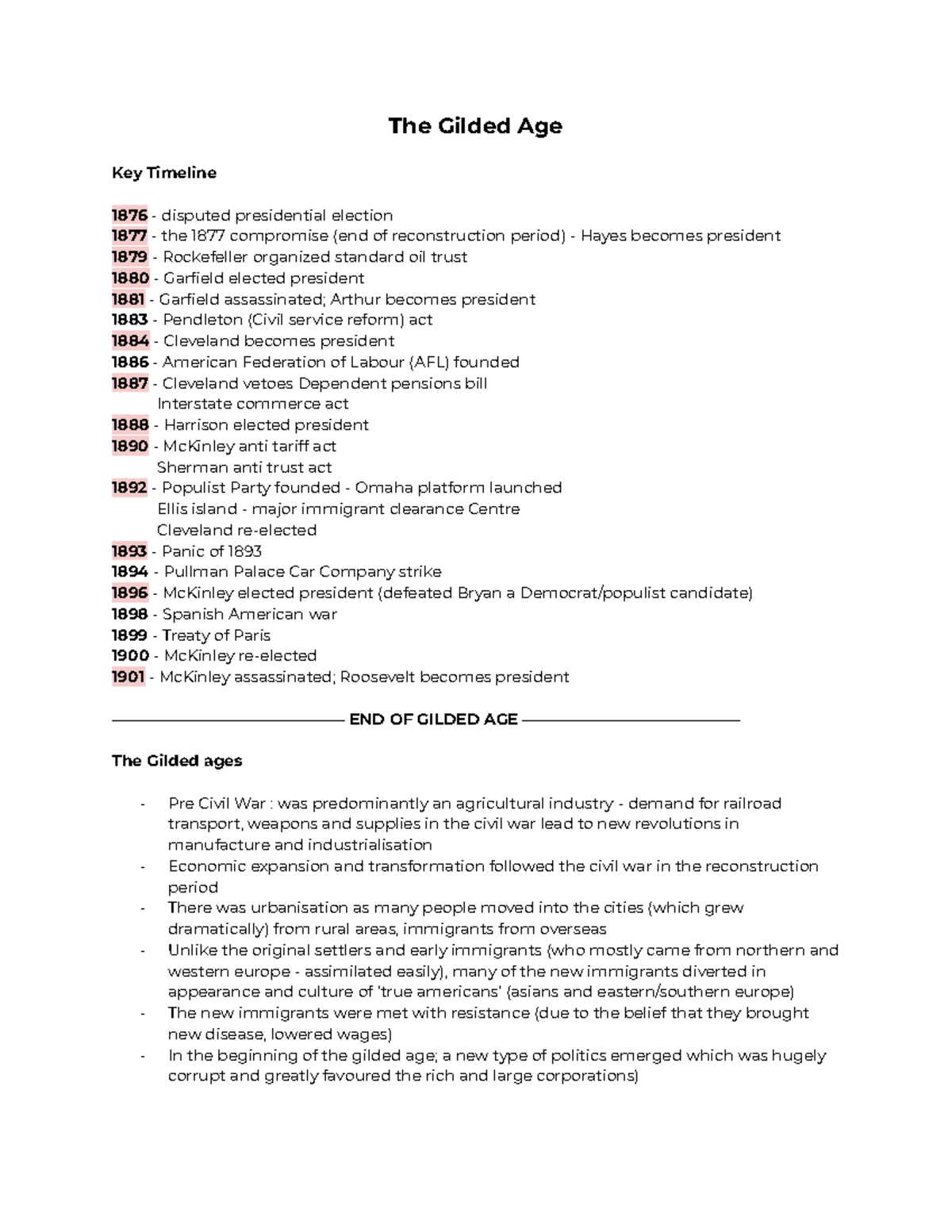 Gilded age complete notes - The Gilded Age Key Timeline 1876 - disputed ...
