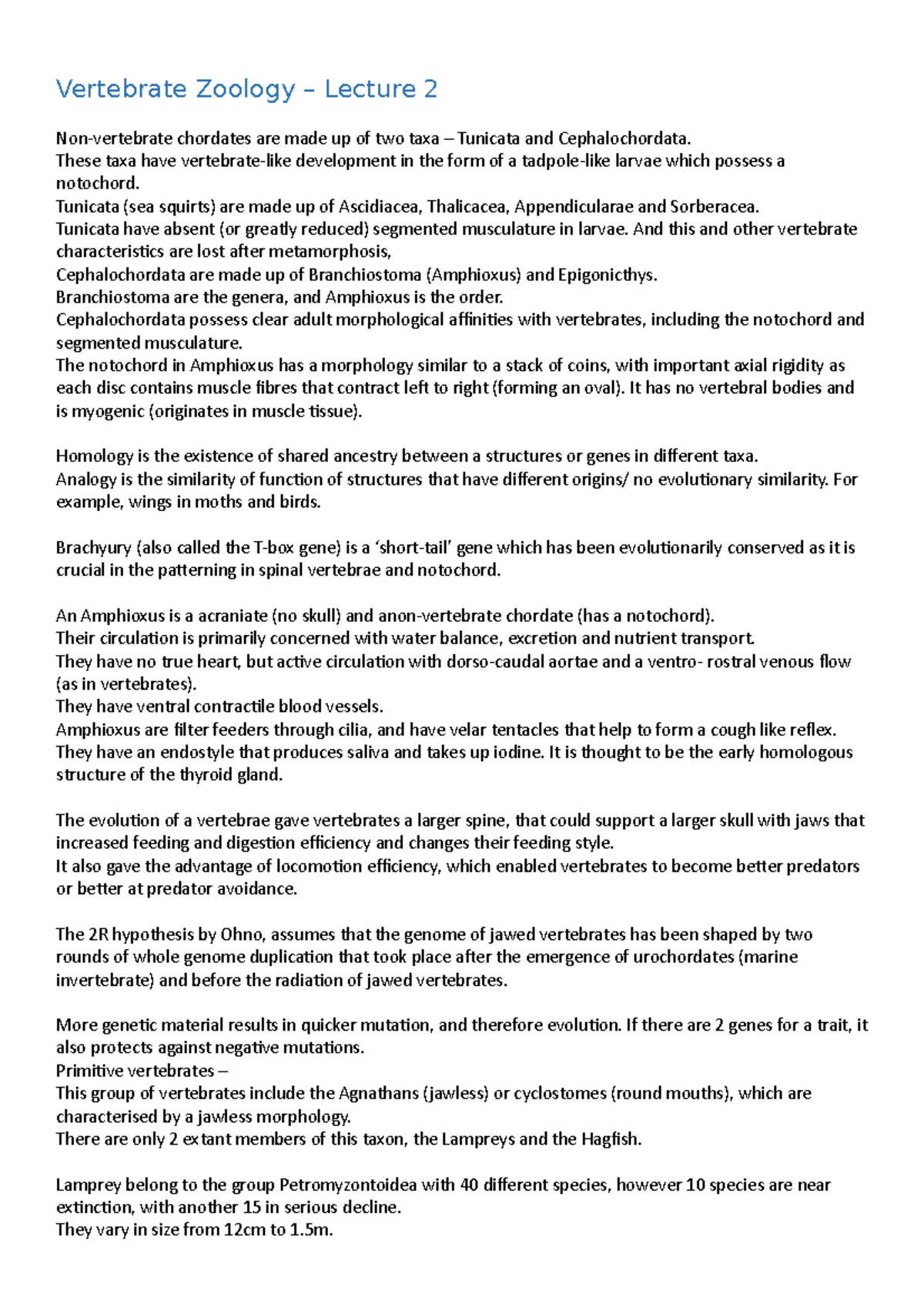 Vertebrate Zoology Lecture 2 - Vertebrate Zoology – Lecture 2 Non ...