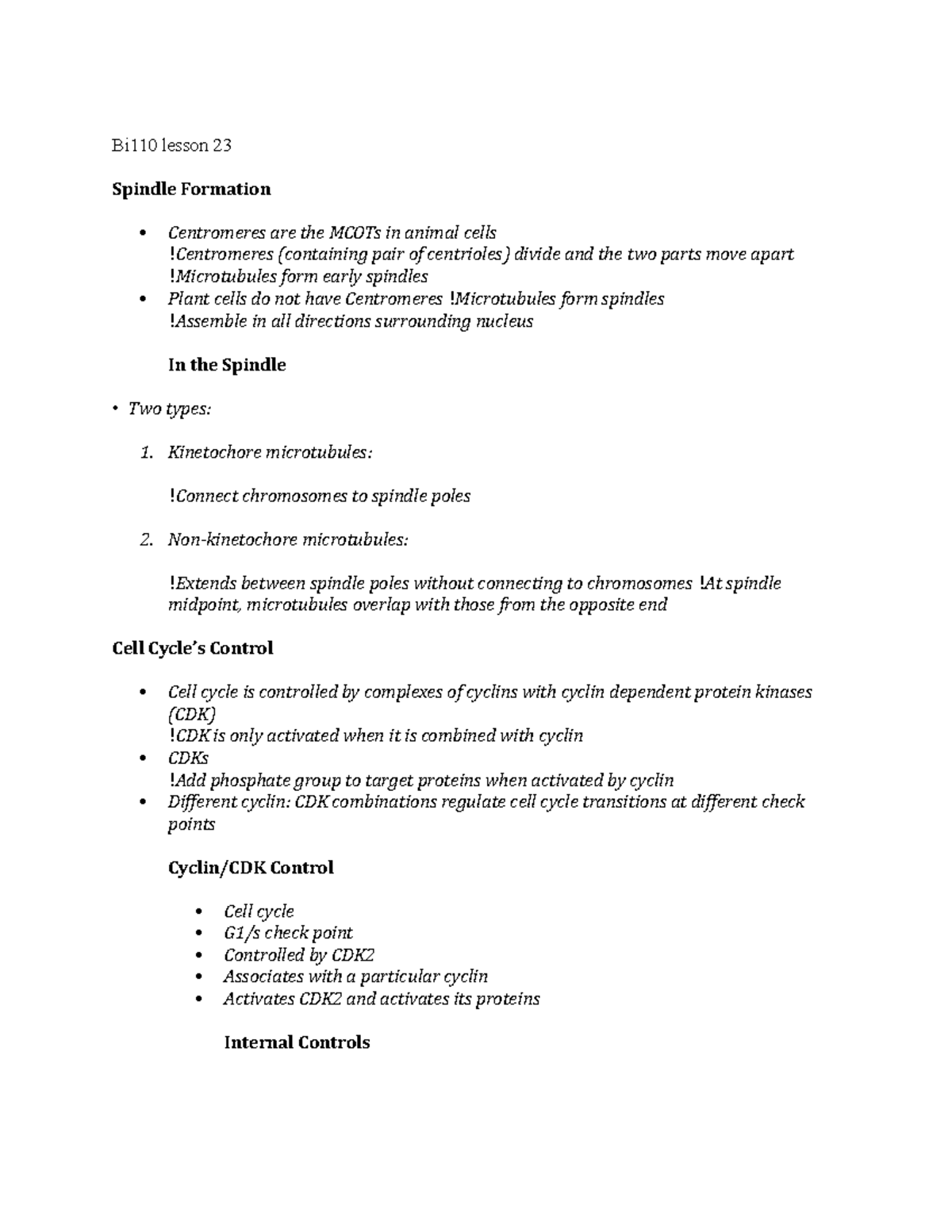 Bi110 lesson 23 - business notes - Bi110 lesson 23 Spindle Formation ...