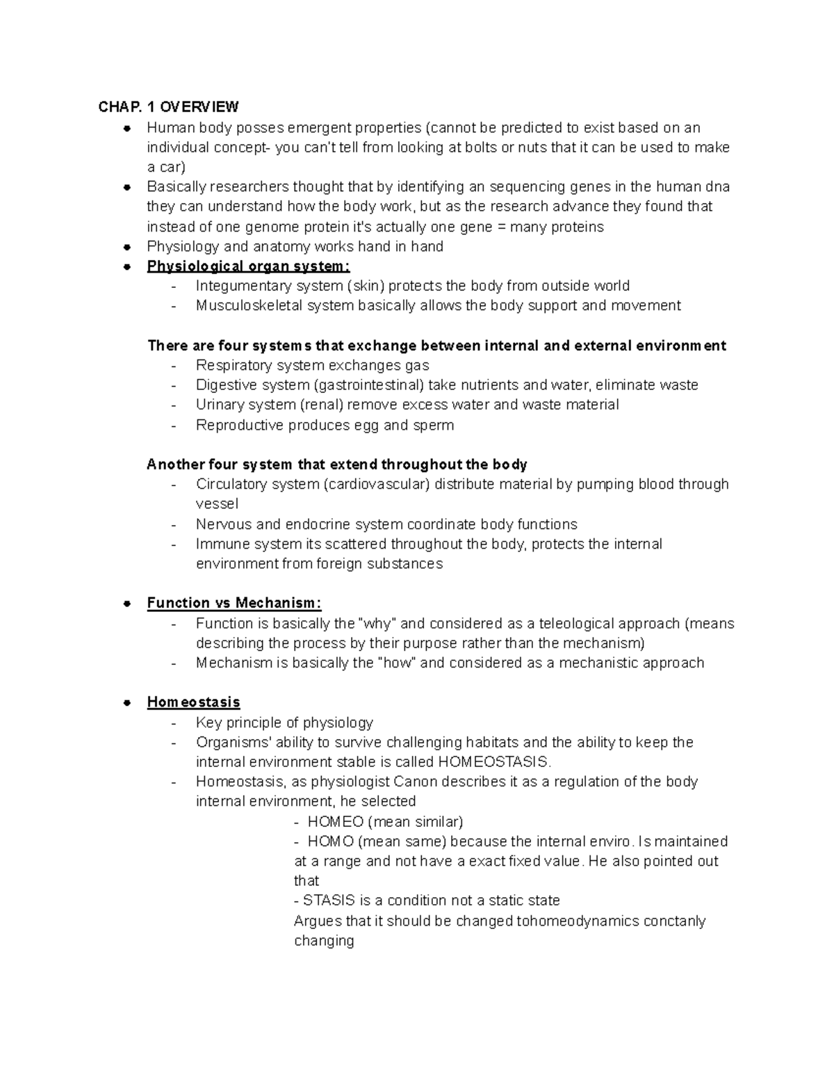 BM207 overwiew - Overview for midterm - CHAP. 1 OVERVIEW Human body posses emergent properties ...