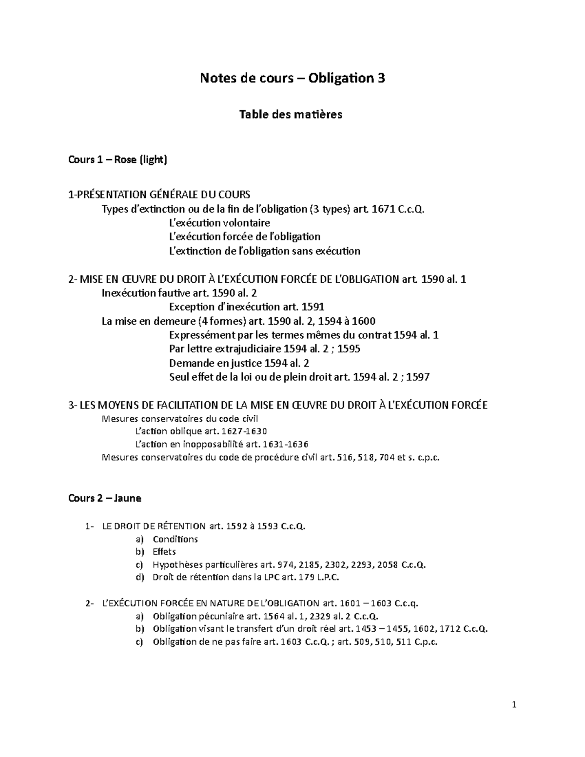 Notes des cours part 1 - Notes de cours – Obligation 3 Table des ...