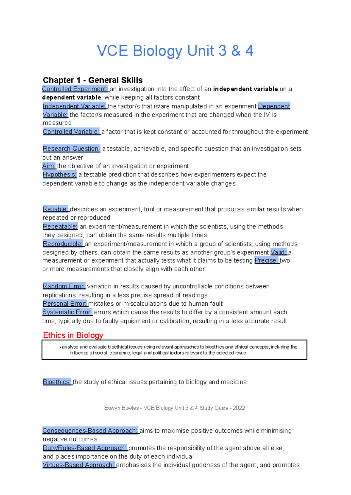 Biology Revision Notes - Unit 3 & 4 - VCE Biology Unit 3 & 4 Chapter 1 ...