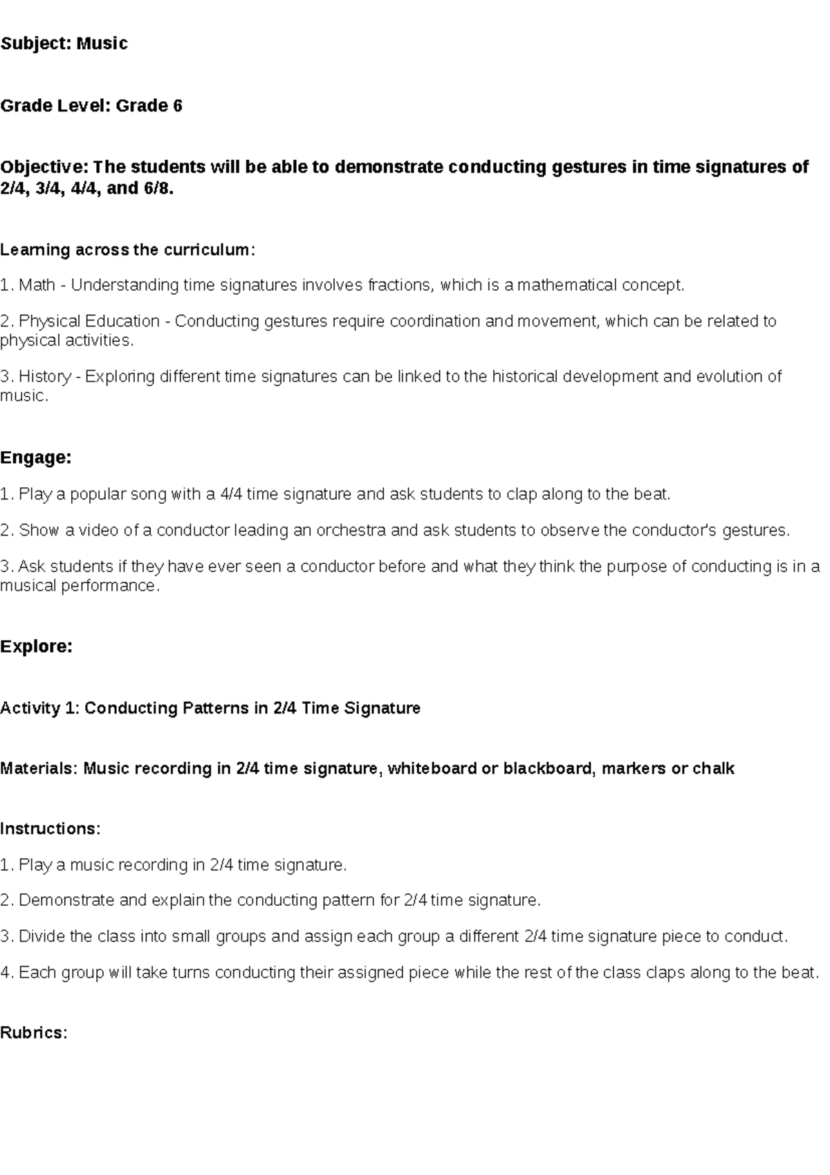 Lesson plan - Subject: Music Grade Level: Grade 6 Objective: The ...