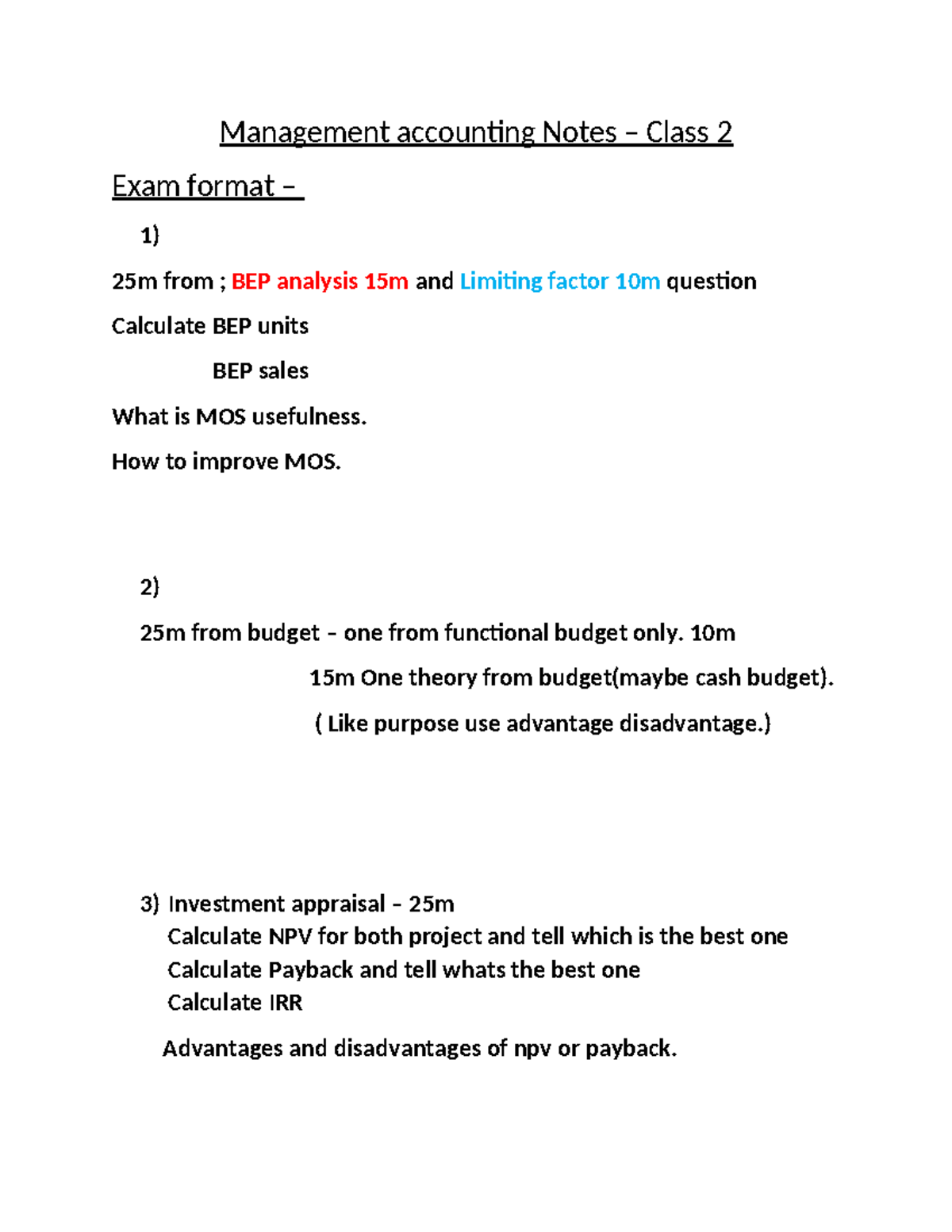 MA notes - Management accounting Notes – Class 2 Exam format – 1) 25m ...
