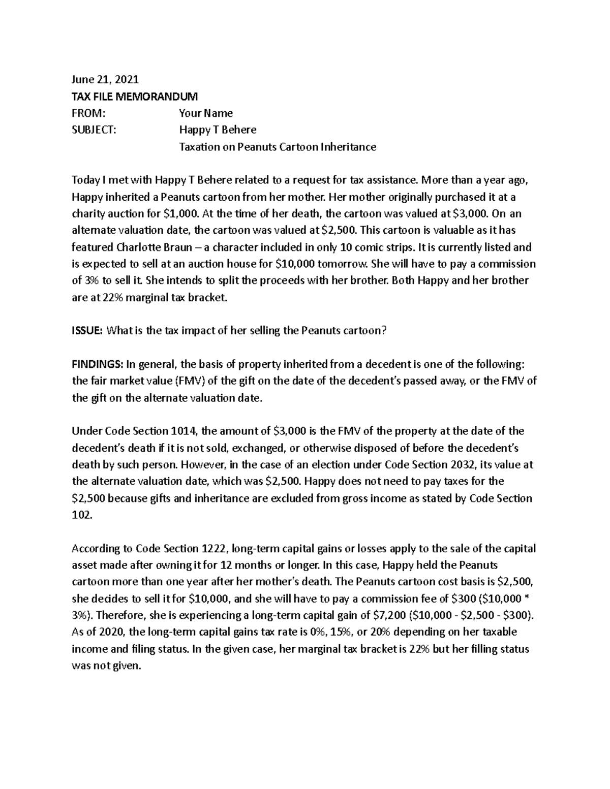 Writing Assignment - Tax File Memorandum - June 21, 2021 TAX FILE ...