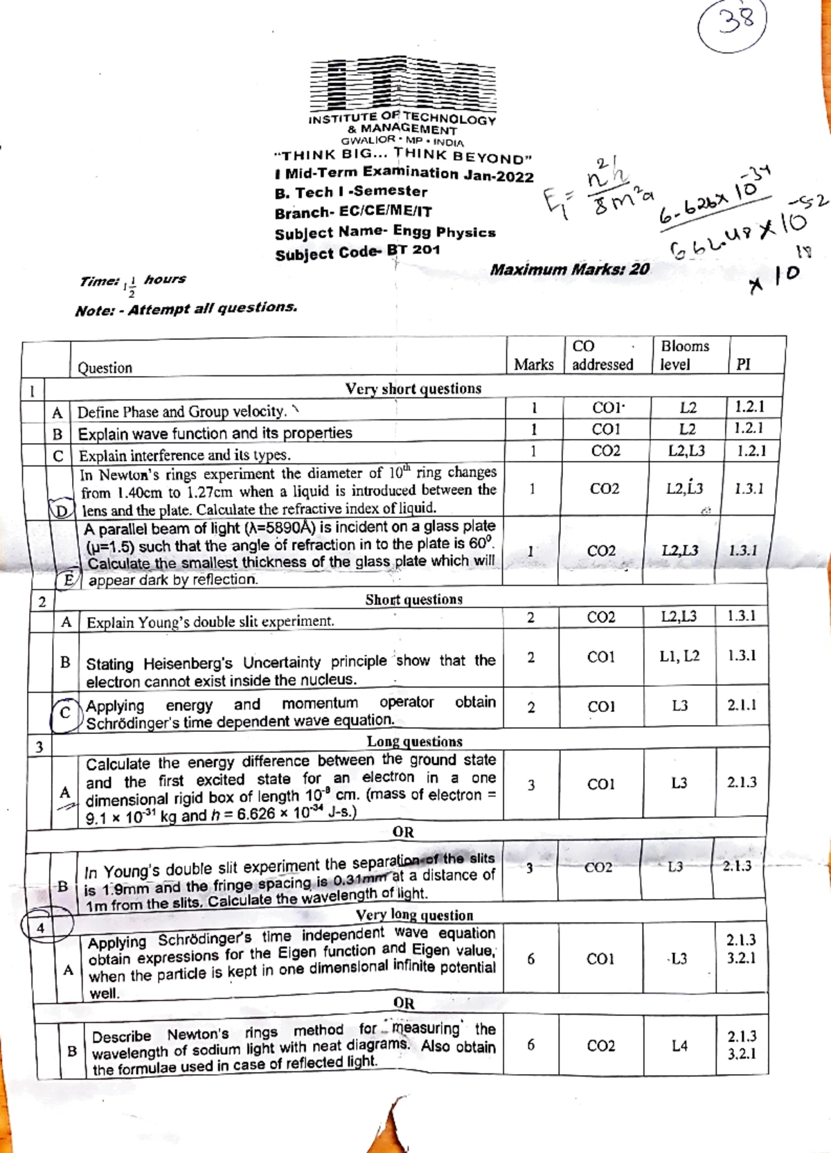 ITM Gwalior Mid Term 1 BT-102 Question Paper January 2022 - B e* cosy in (1, ) Apply Taylor's ...