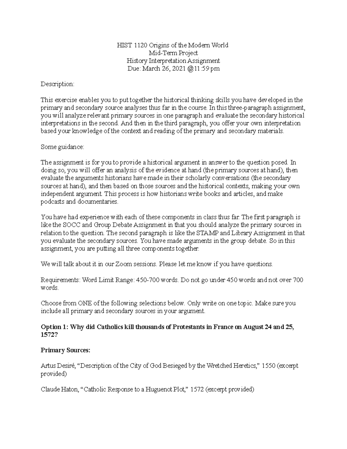 Midtermassignment - Midterm Assignment - HIST 1120 Origins of the ...