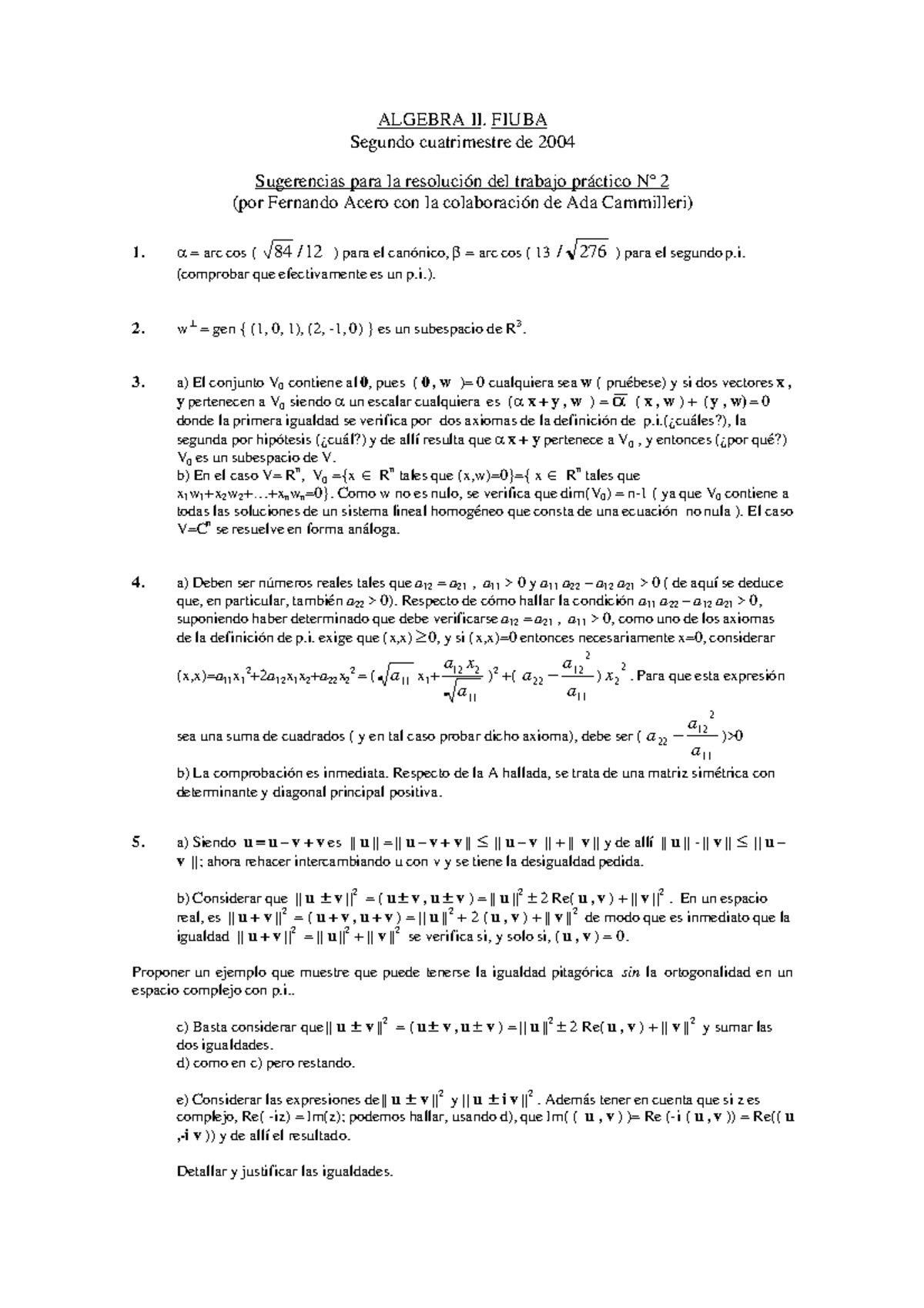 Sug. Prac. 2 - resolucion y sugerancias de examen algebra 2 - ALGEBRA II. FIUBA Segundo ...