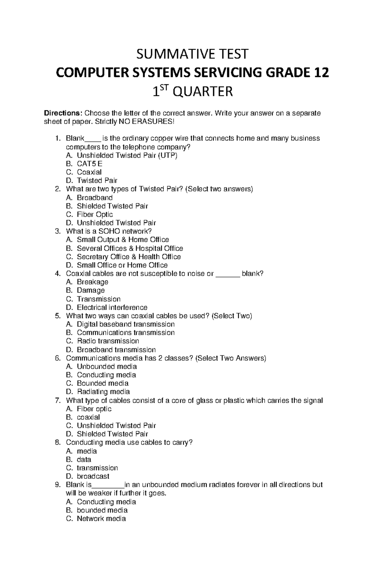 Summative TEST ICT 12 1ST Quarter SUMMATIVE TEST COMPUTER SYSTEMS