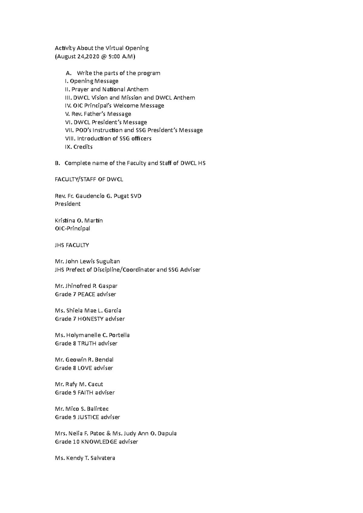 Activity About the Virtual Opening - Opening MessageA. Write the parts ...