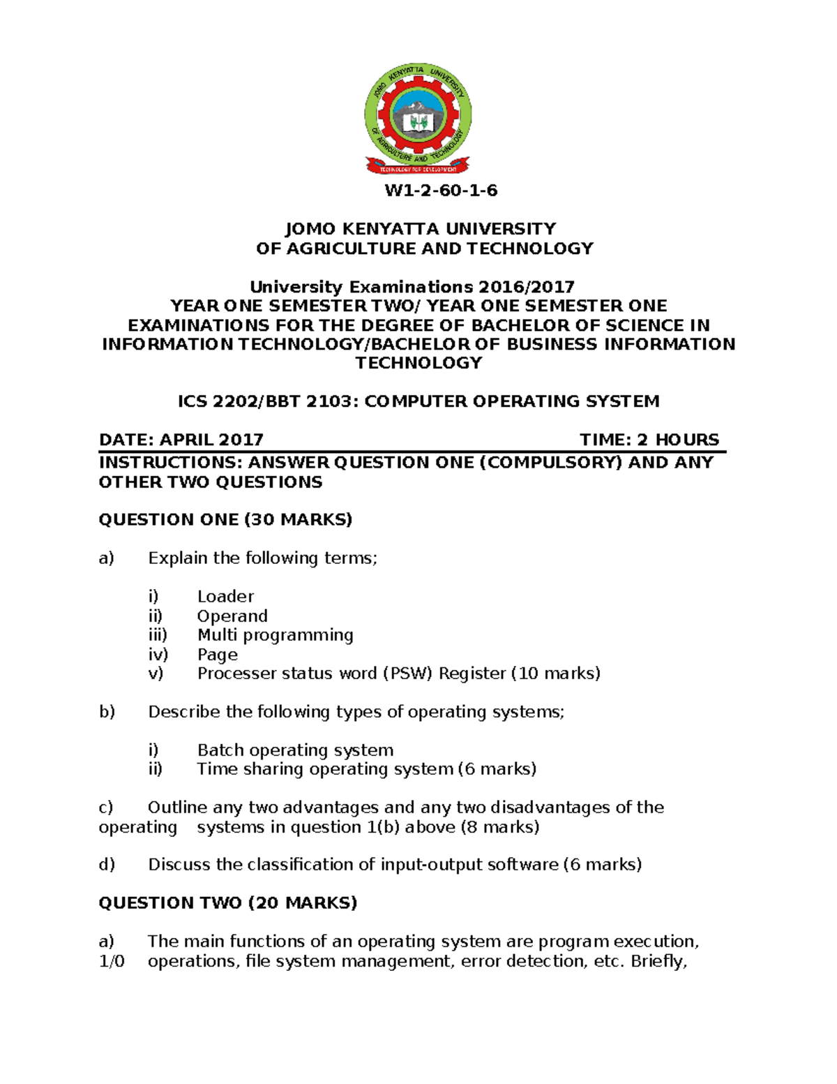 ICS 2202 BBT 2103 Computer Operating Systems-1 - W1-2-60-1- JOMO ...