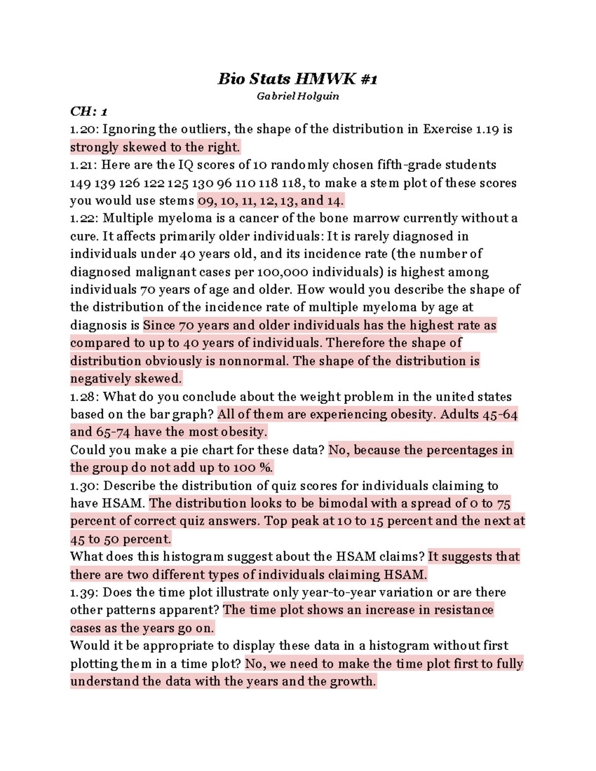 Bio Stats HMWK #1 - professor taveras homework - Bio Stats HMWK Gabriel ...