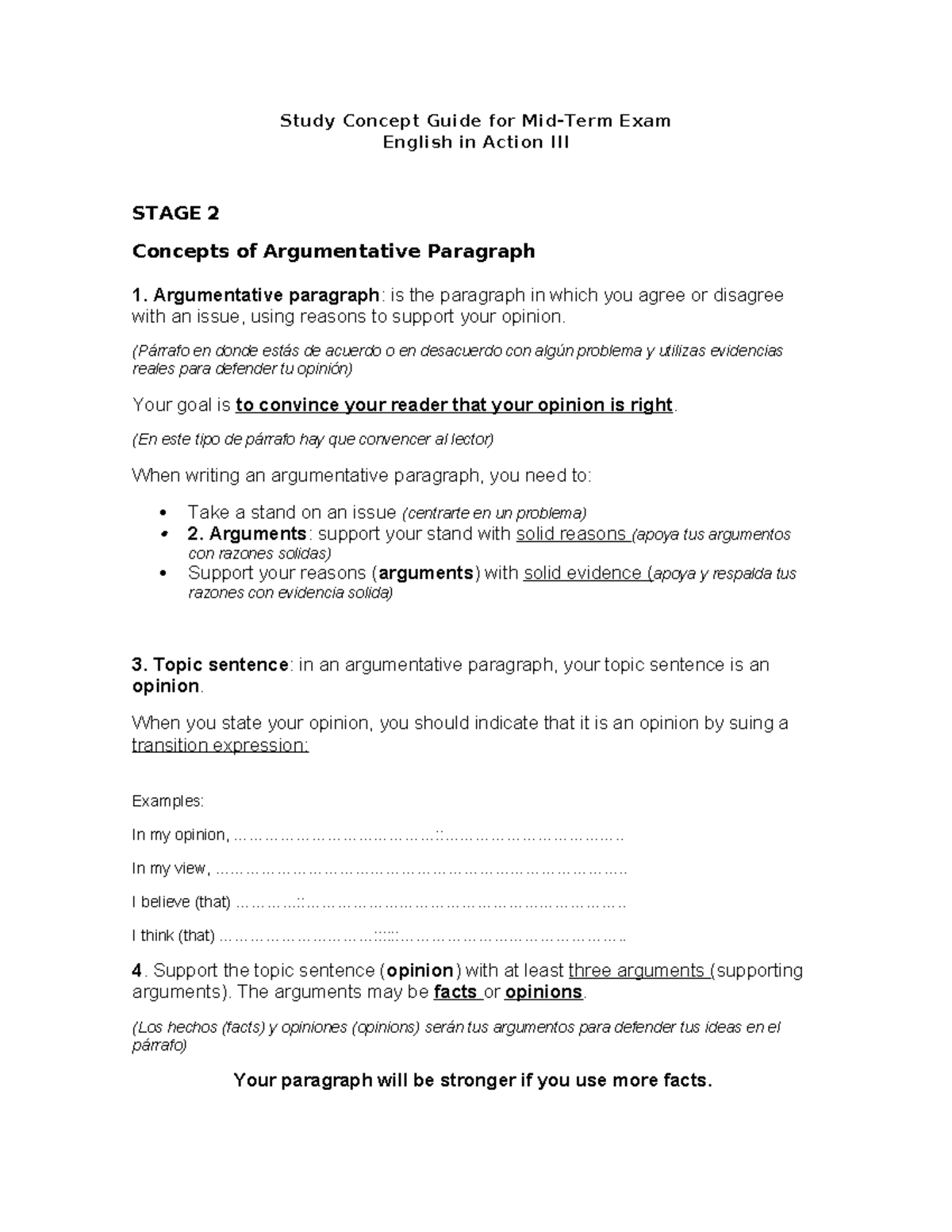 Study Concept Guide for Mid-Term Exam - Argumentative paragraph: is the ...