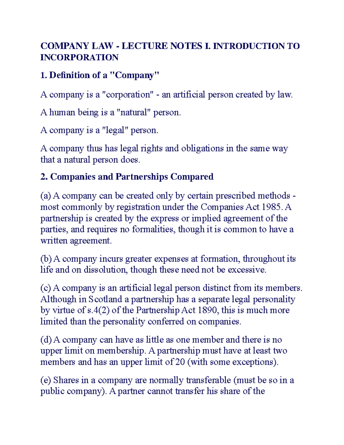 Company LAW - Lecture Notes I. Introduction TO Incorporation - COMPANY ...