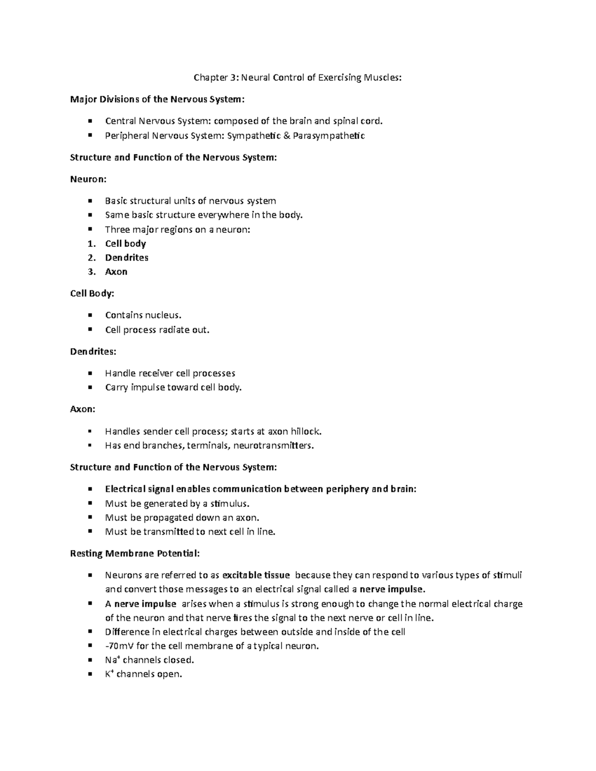 Exercise Physiology Chapter 3 Notes Neural Control - Chapter 3: Neural ...