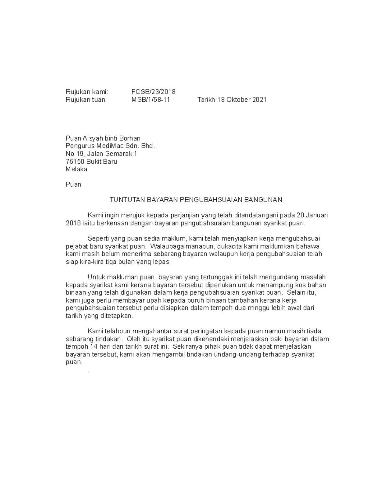 Assignment 1 ( Rujukan KAMI) - Rujukan kami: FCSB/23/ Rujukan tuan: MSB ...