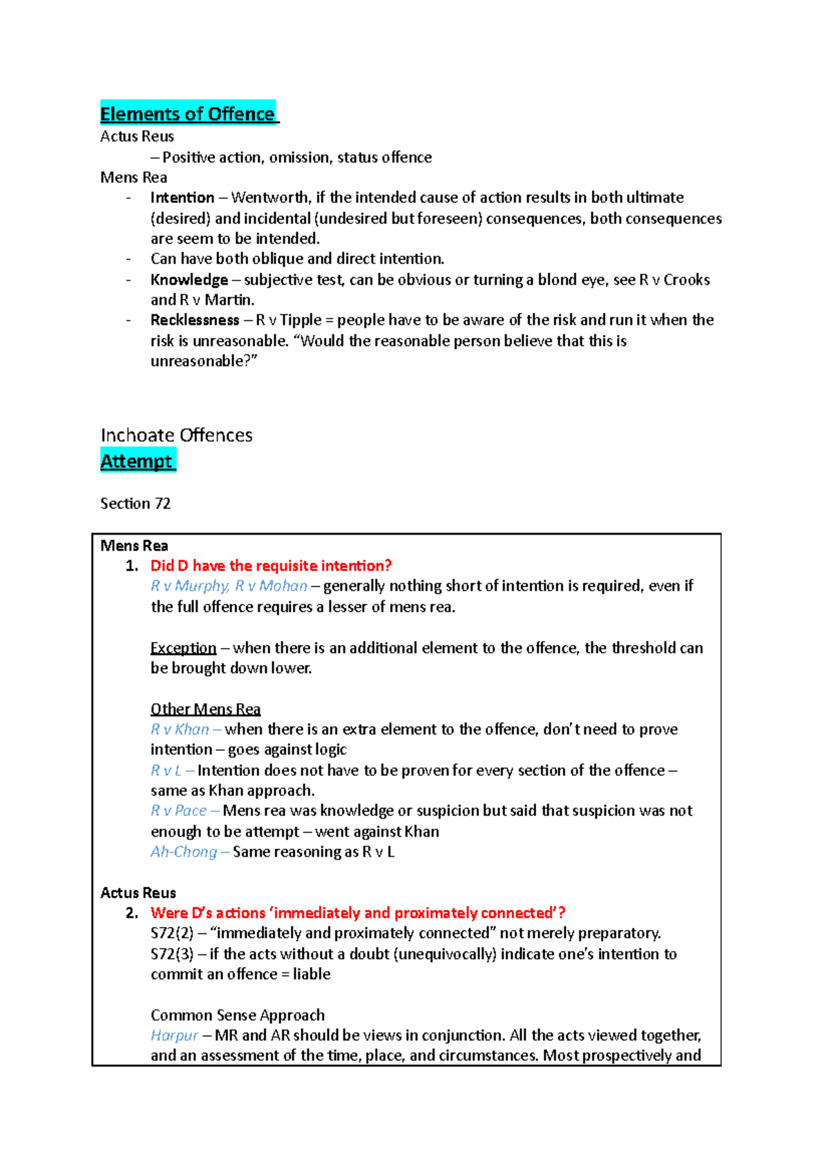 Criminal Law - Structures - Elements of Offence Actus Reus - Positive ...