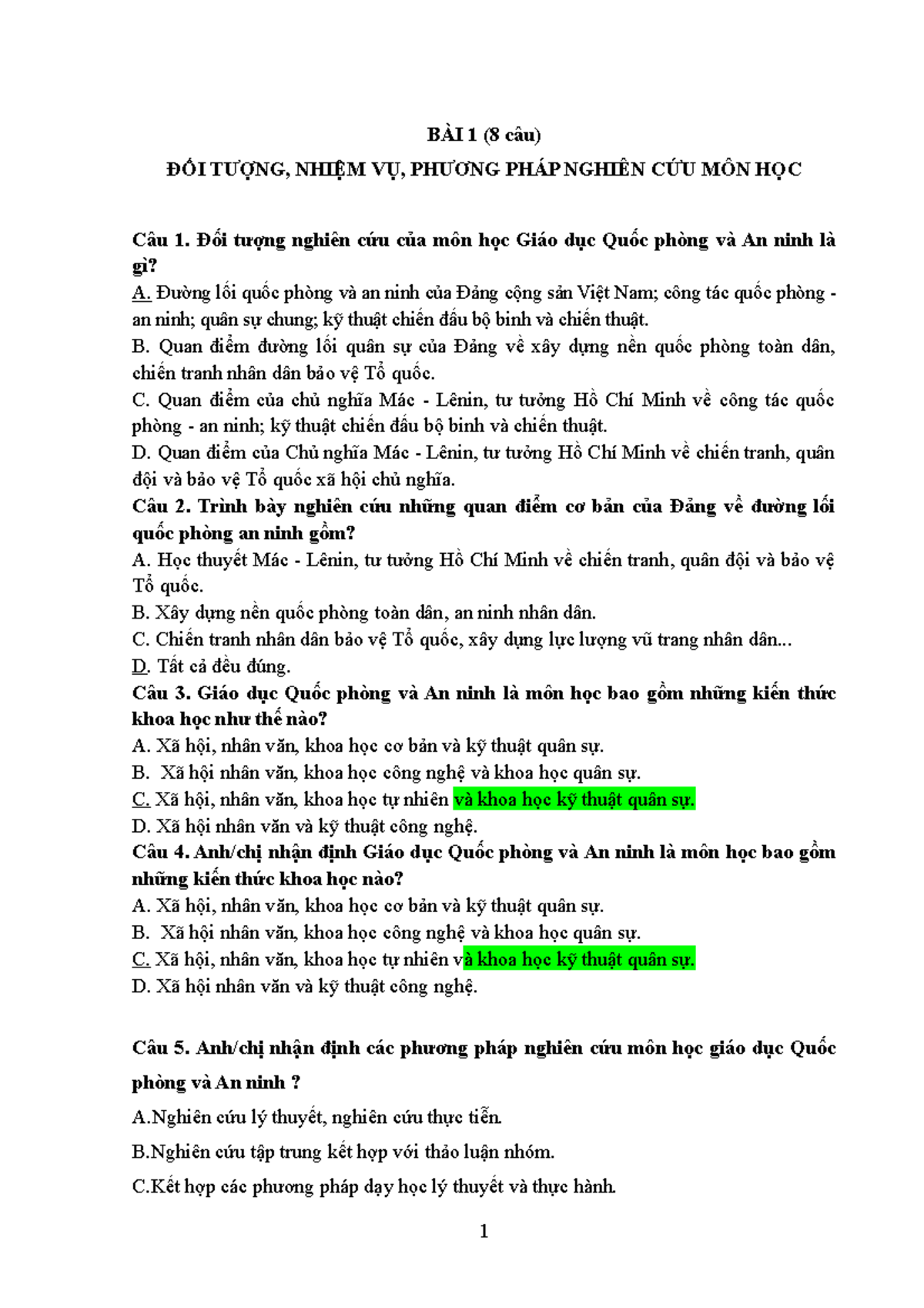Bản sao ON HP1 - Tôi không có ý kiến - BÀI 1 (8 câu) ĐỐI TƯỢNG, NHIỆM VỤ, PHƯƠNG PHÁP NGHIÊN CỨU ...