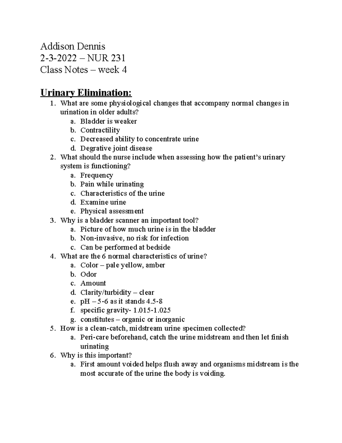 Class Notes Week 4 Nur 231 Addison Dennis 2 3 2022 Nur 231 Class Notes Week 4 Urinary 