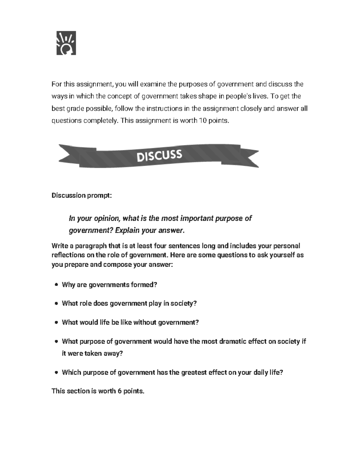 1.2.3 Discuss - The Purposes of Government (Discussion) - For this ...