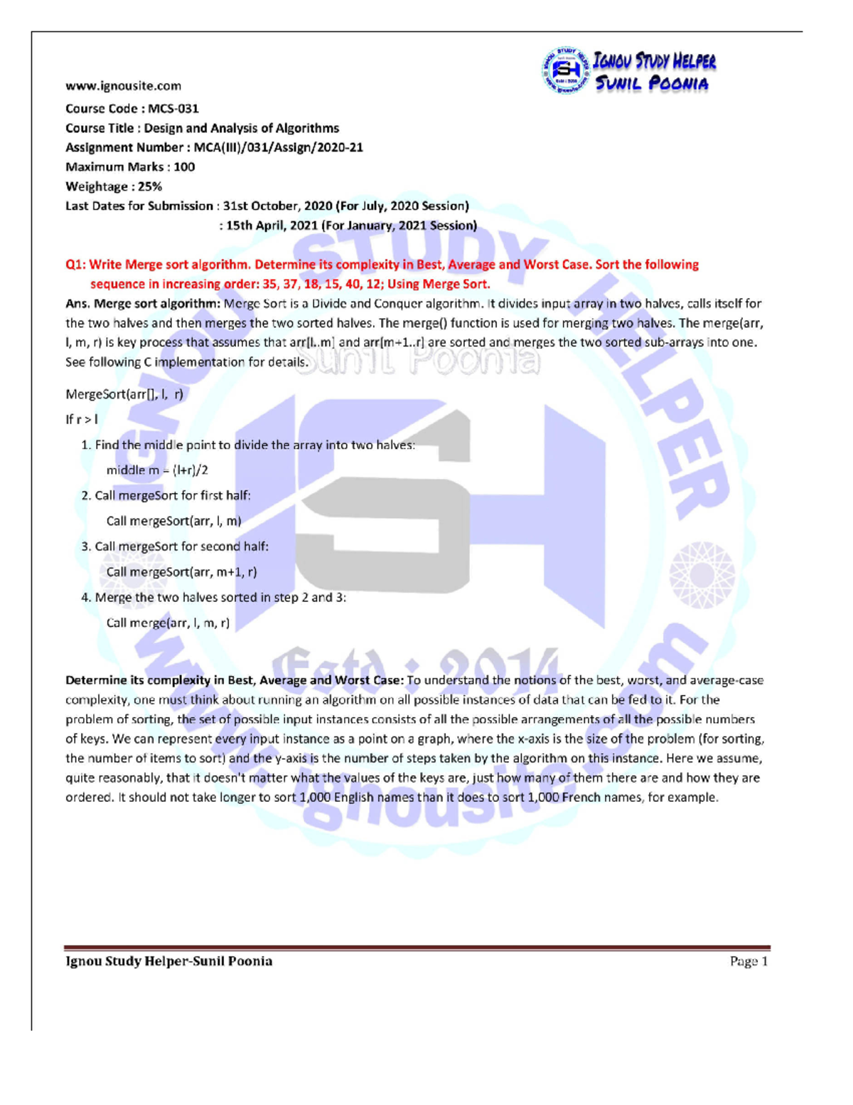 MCS-031 2020-21 - assignment - STUDY Hum Swan. Pooum Course Code : Course Title : Design and ...