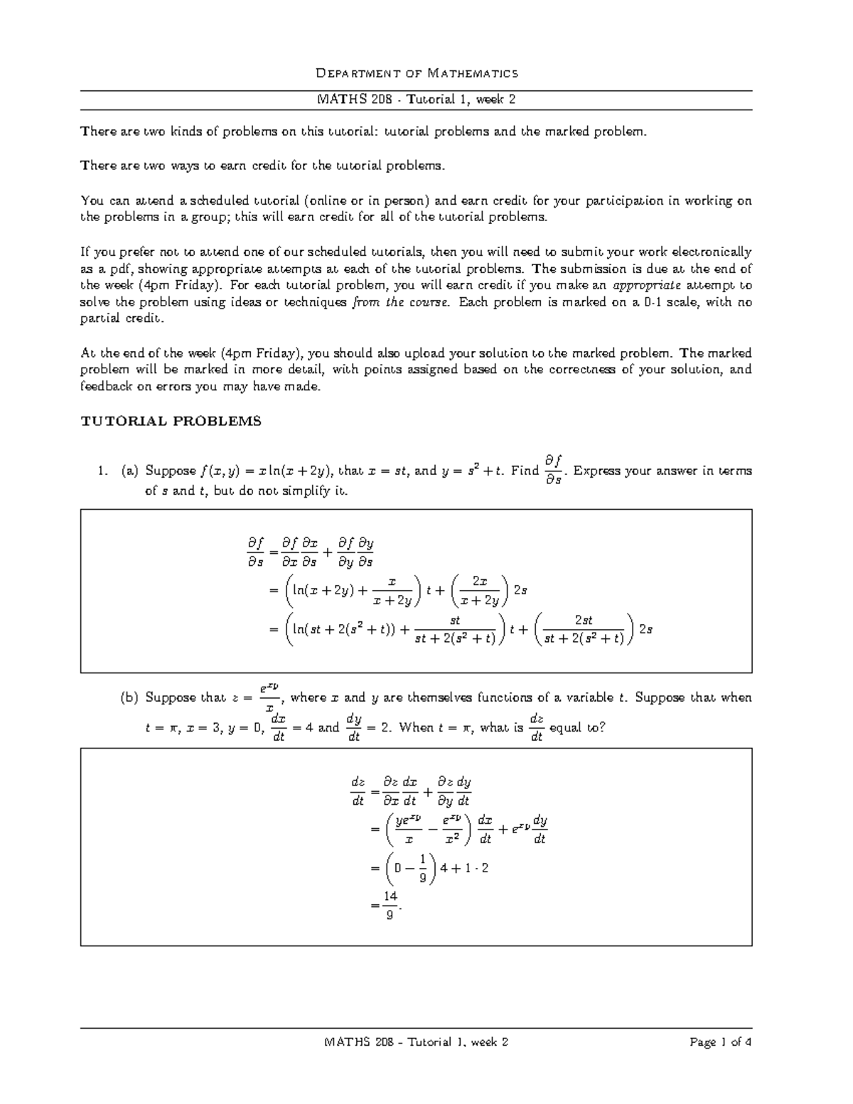 208 Tutorial 1 [solutions] - Department of Mathematics MATHS 208 ...