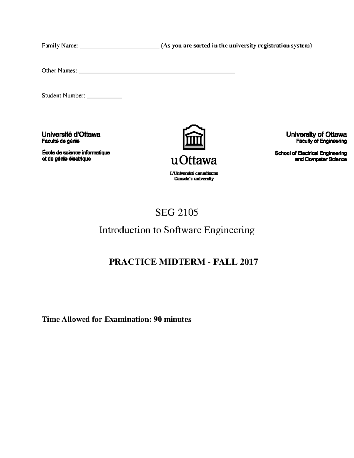 SEG2105 practice - Family Name: _________________________ (As you are sorted in the university ...